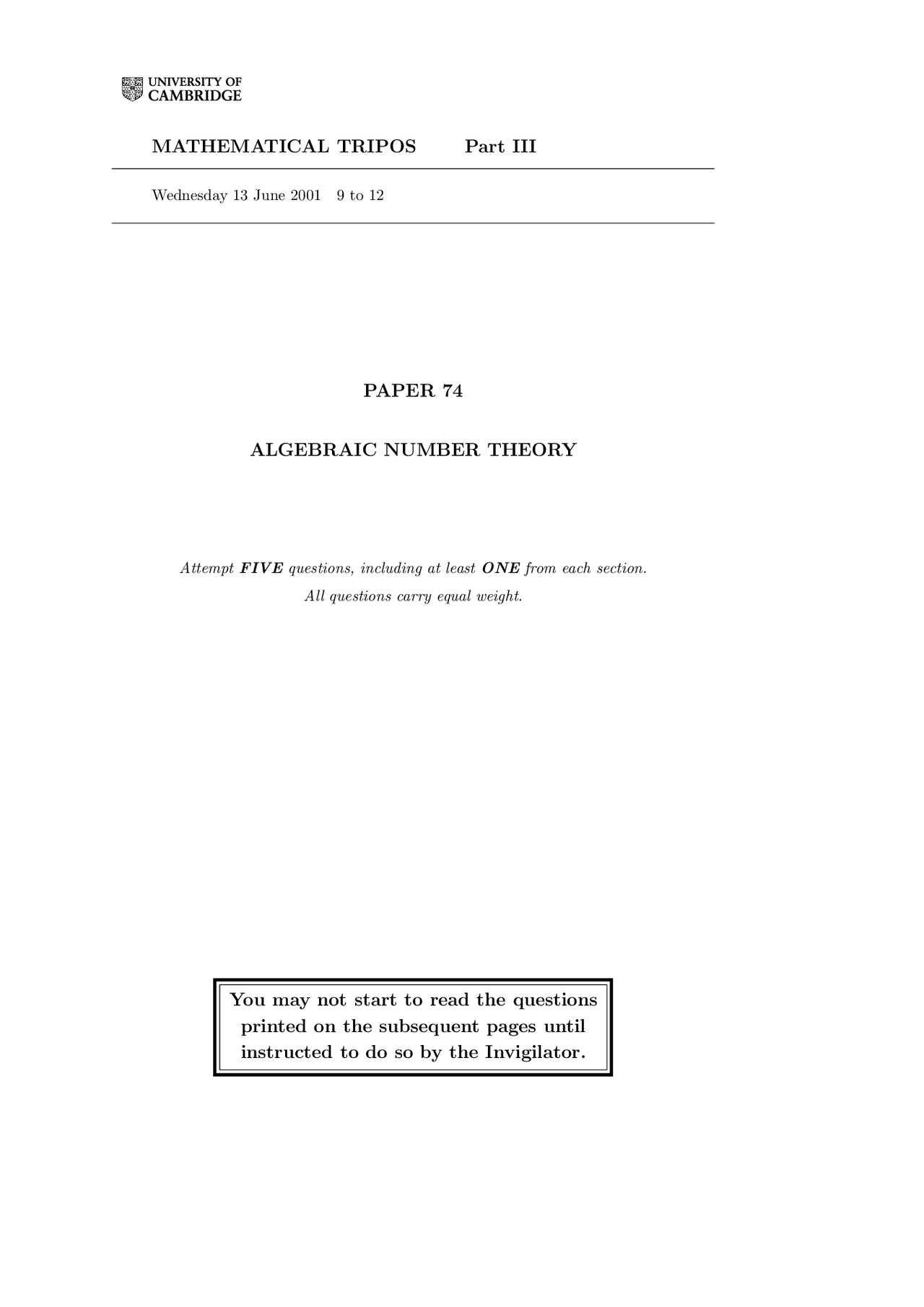 Algebraic Number Theory Math Tripos Exam Docsity