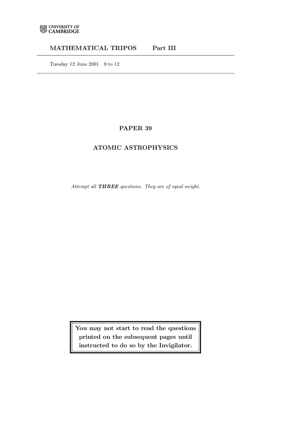Atomic Astrophysics Math Tripos Exam Docsity