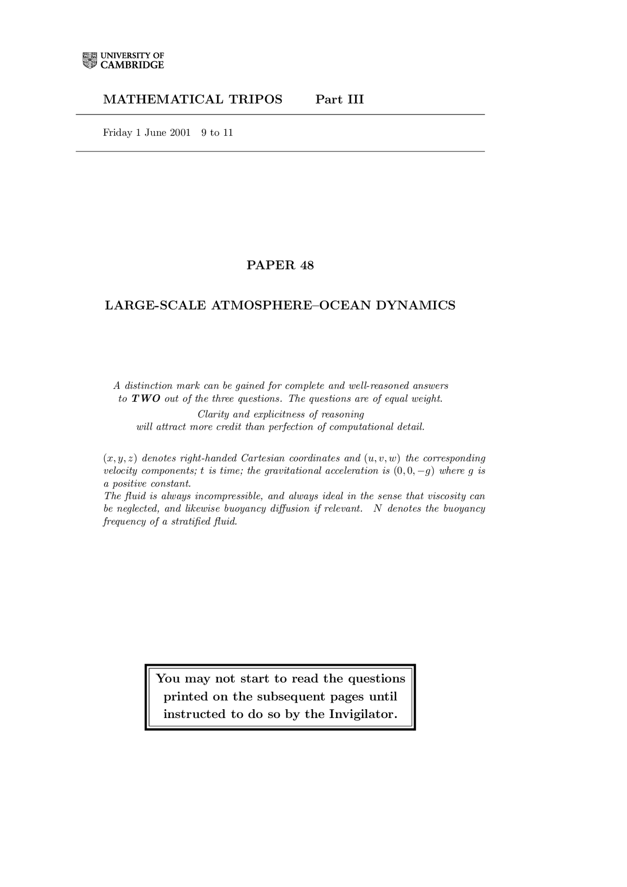 Large Scale Atmosphere Ocean Dynamics Math Tripos Exam Docsity