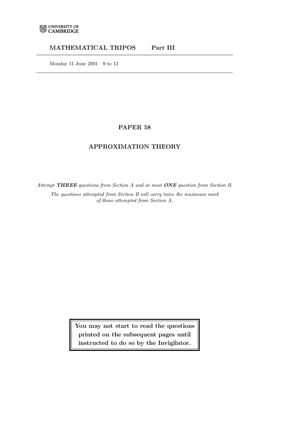 Approximation Theory Math Tripos Exam Docsity