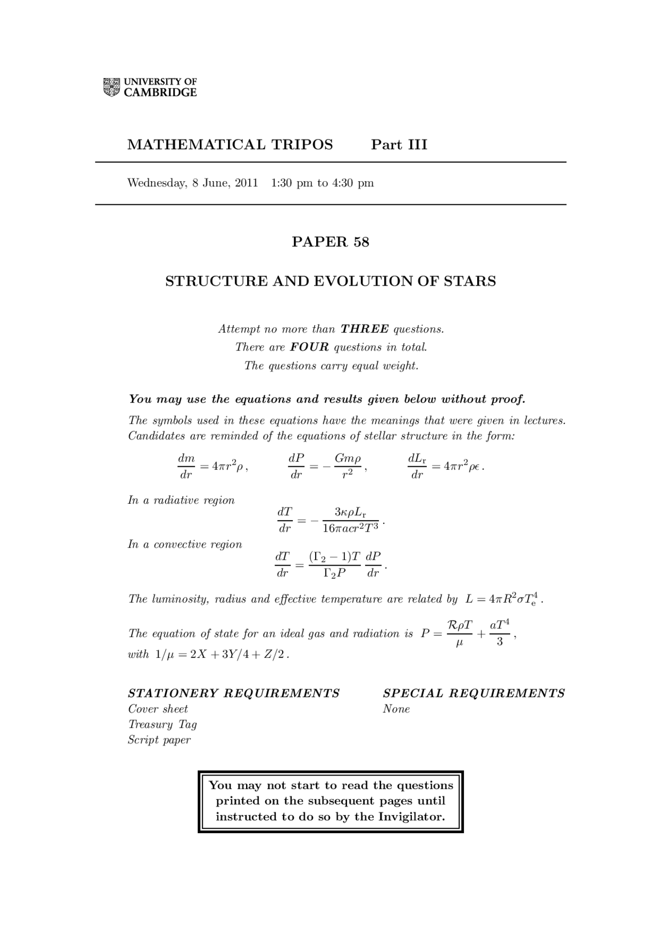 Structure and Evolution of Stars - Mathematical Tripos - Past ...