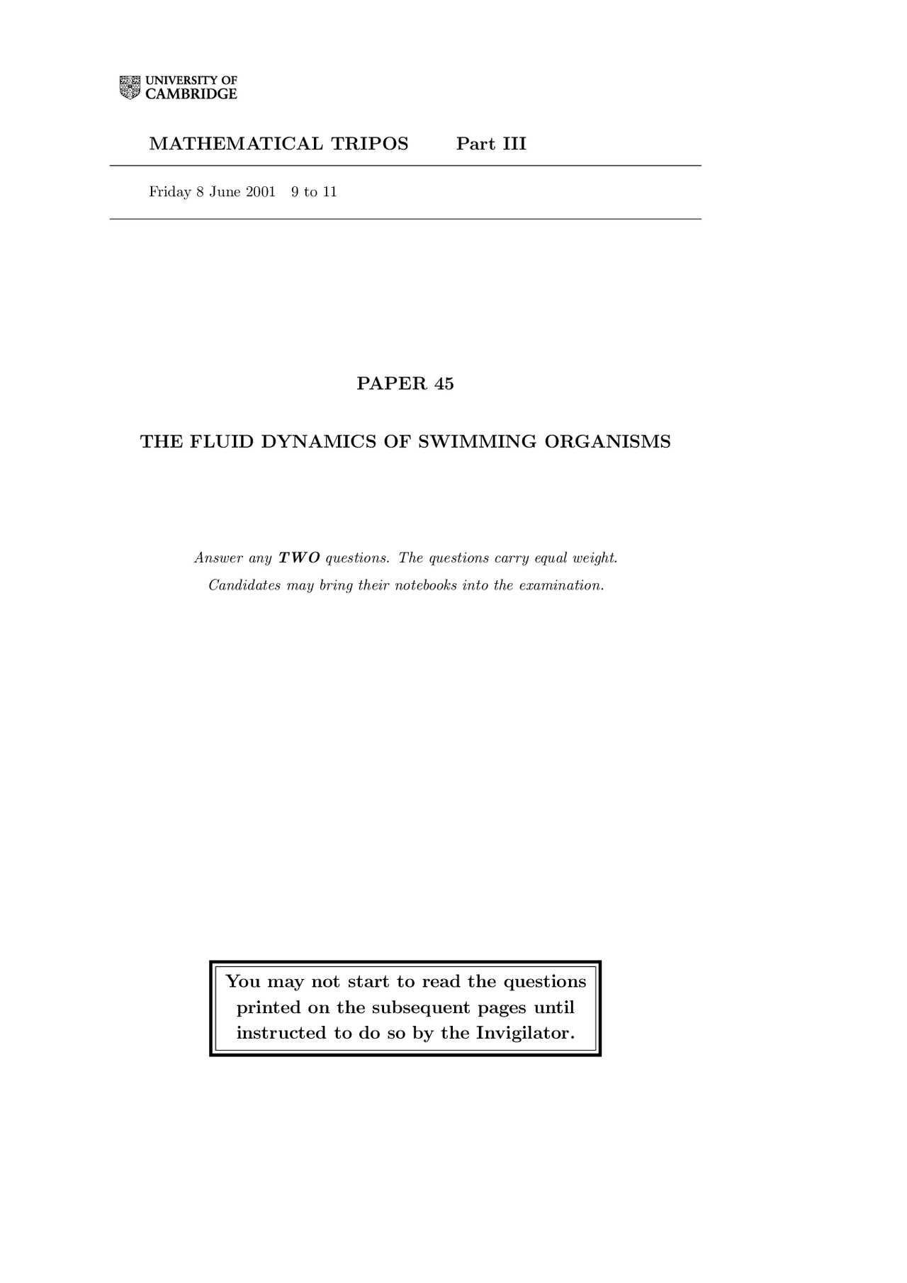 The Fluid Dynamics of Swimming Organisms - Math Tripos - Exam - Docsity