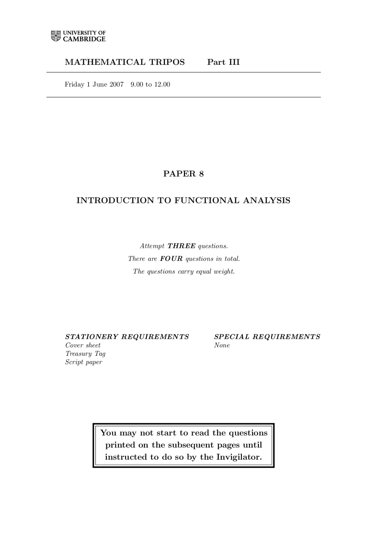 Introduction To Functional Analysis Mathematical Tripos Past Exam