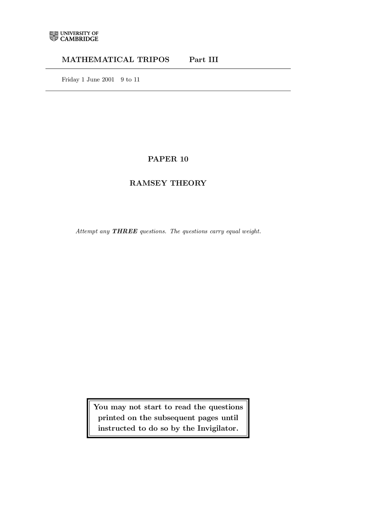Ramsey Theory Math Tripos Exam Docsity