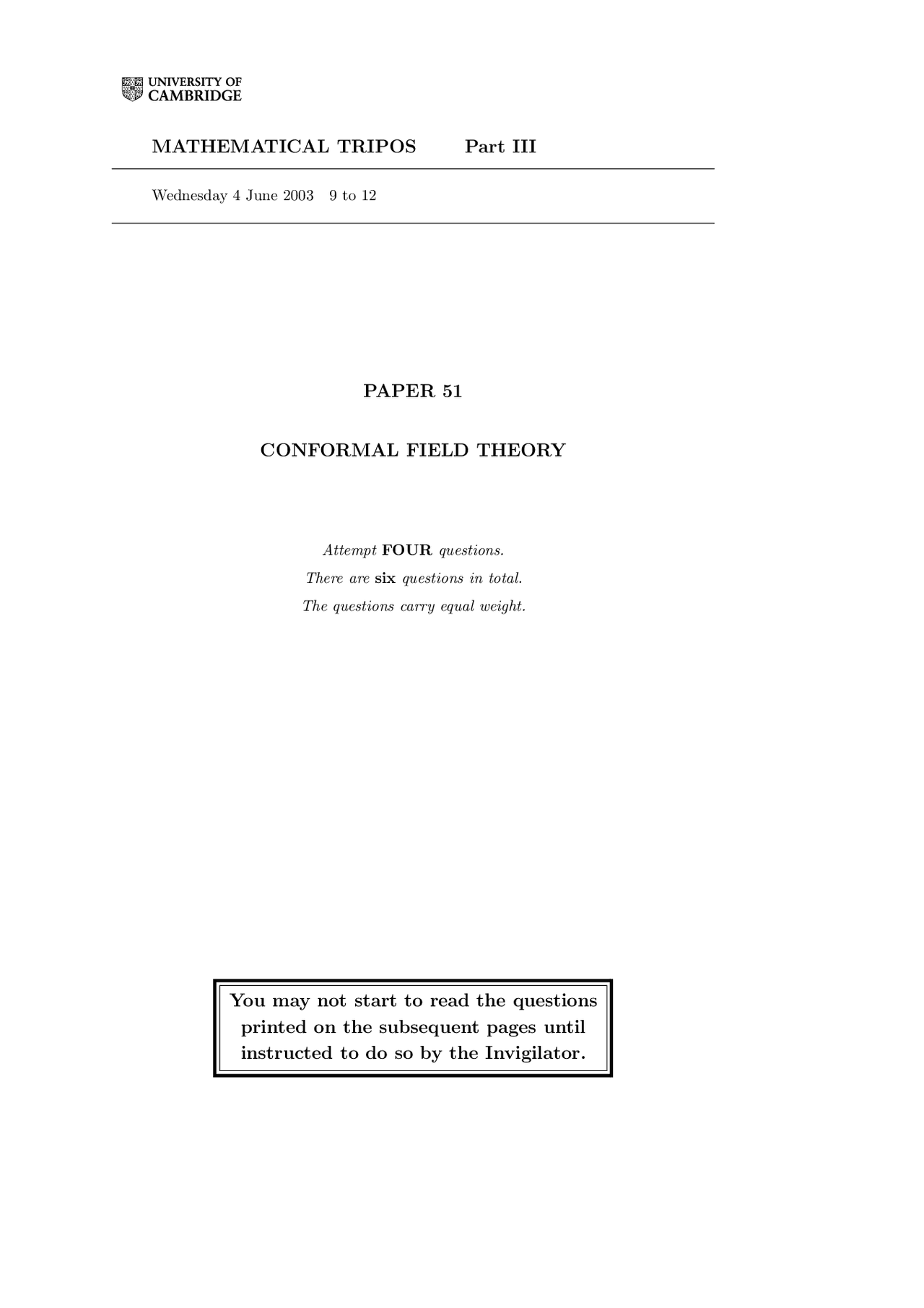 Conformal Field Theory - Math Tripos - Past Exam Paper - Docsity