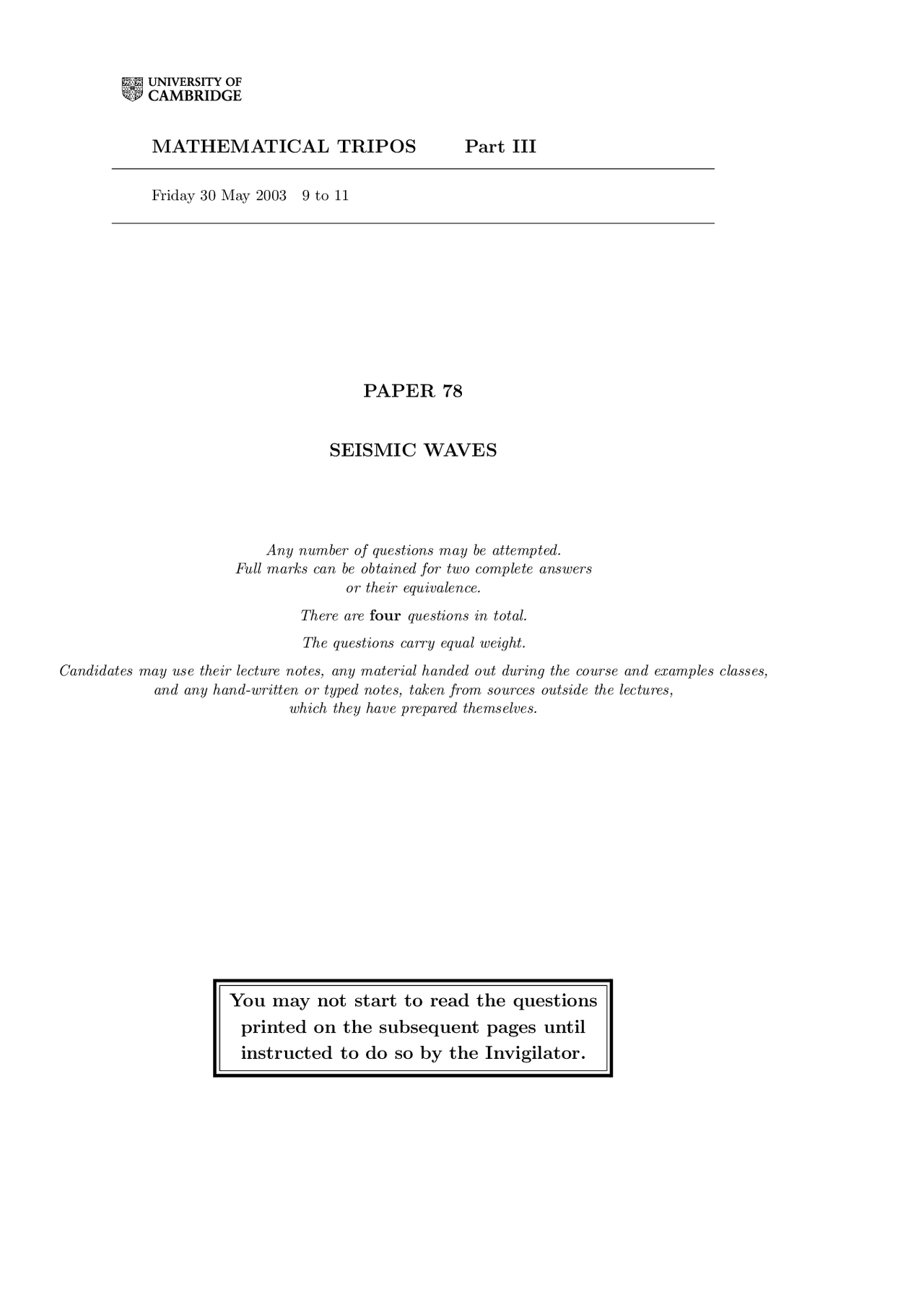 Seismic Waves - Math Tripos - Past Exam Paper - Docsity