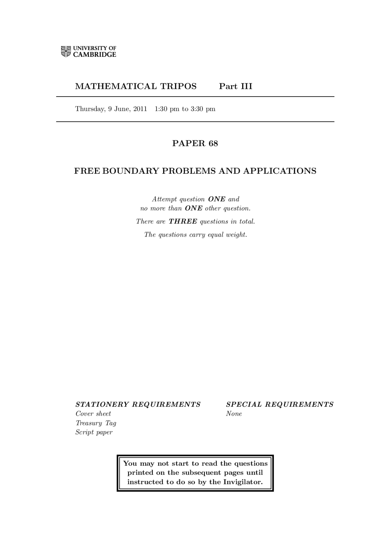 Free Boundary Problems And Applications Mathematical Tripos Past