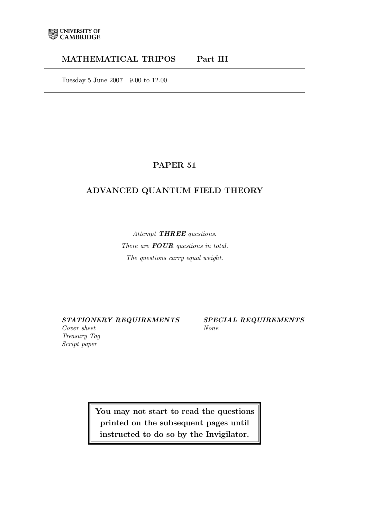 Advanced Quantum Field Theory Mathematical Tripos Past Exam Paper