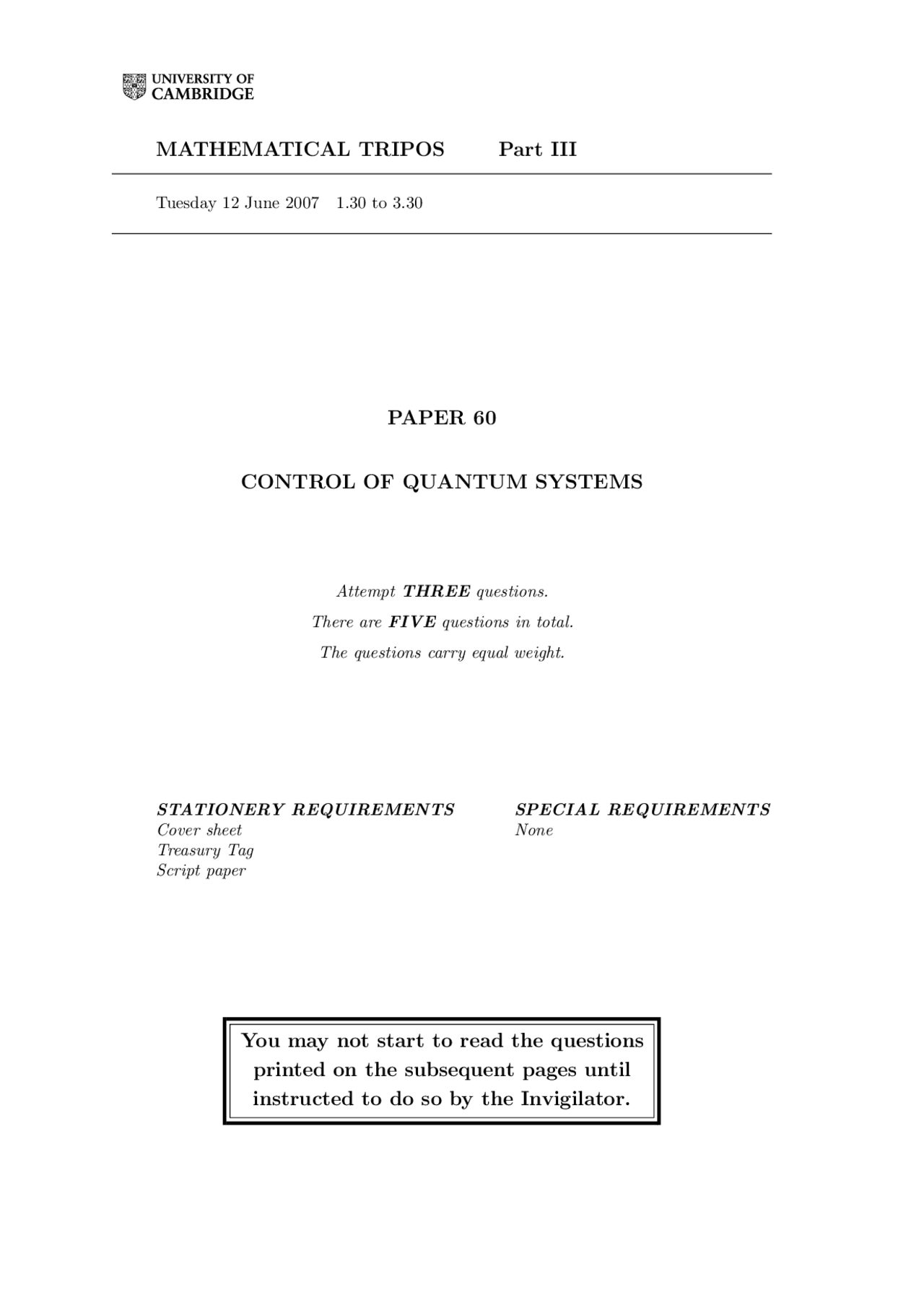 Control of Quantum Systems - Mathematical Tripos - Past Exam Paper ...
