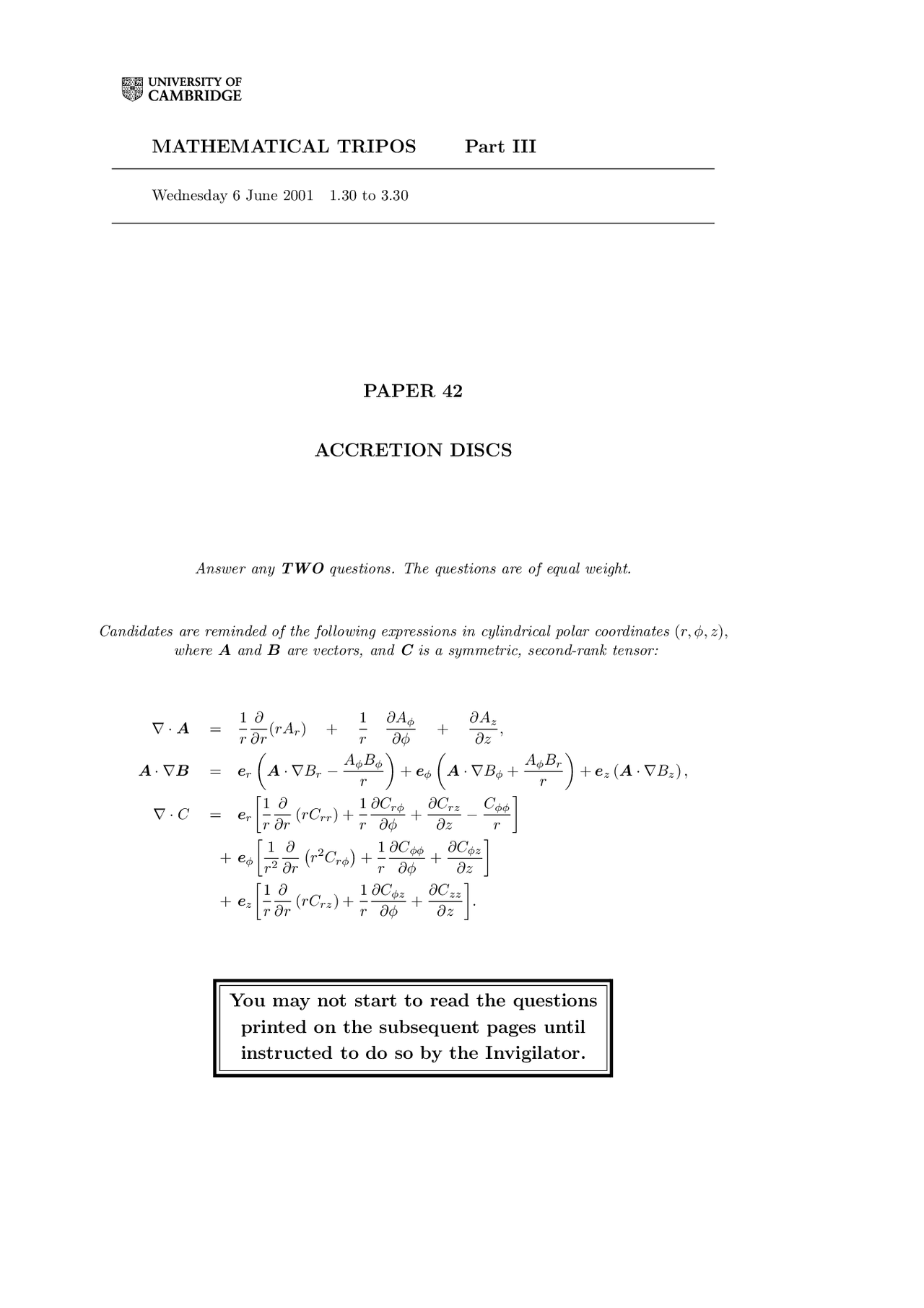 Accretion Discs - Math Tripos - Exam - Docsity