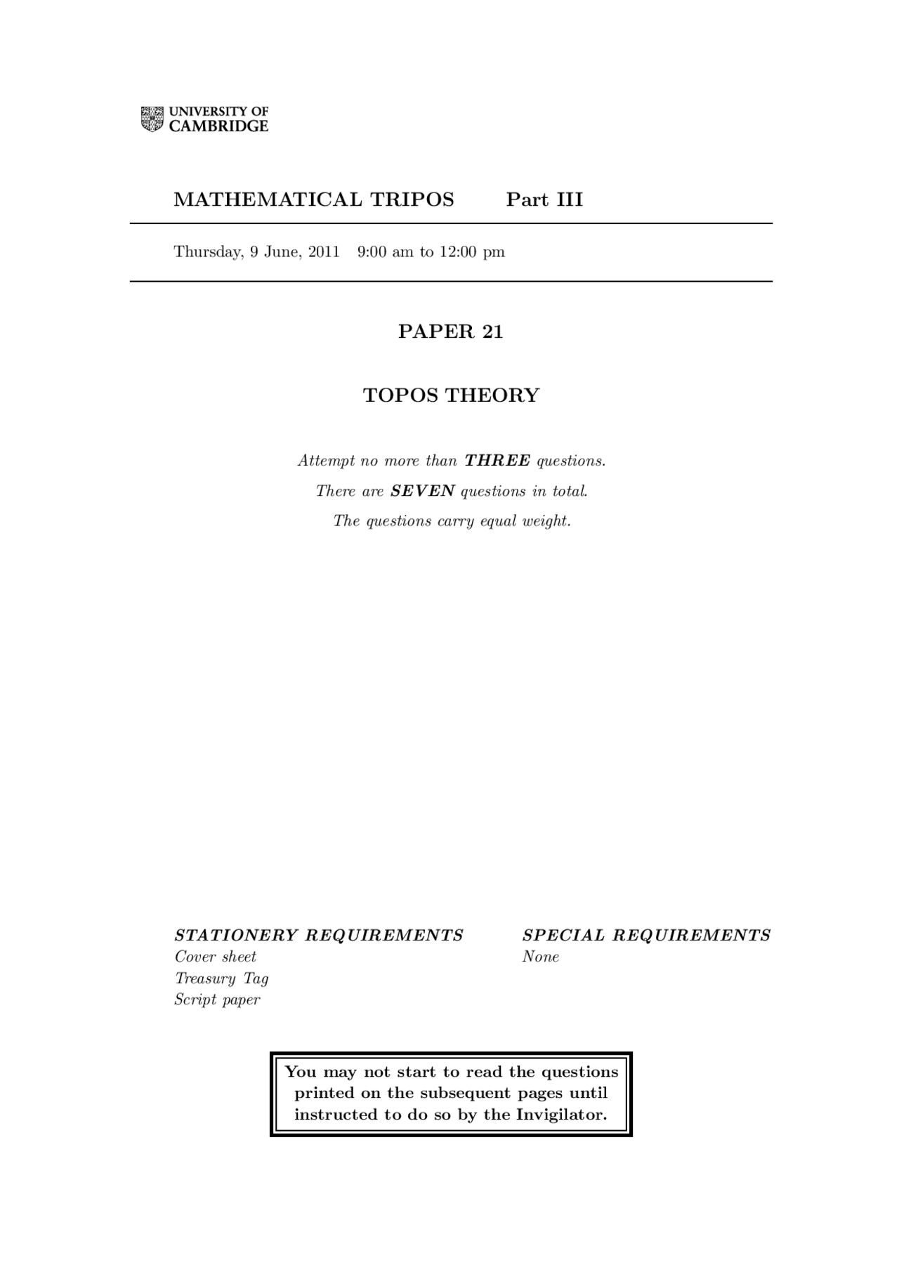 Topos Theory Mathematical Tripos Past Examination Paper Docsity