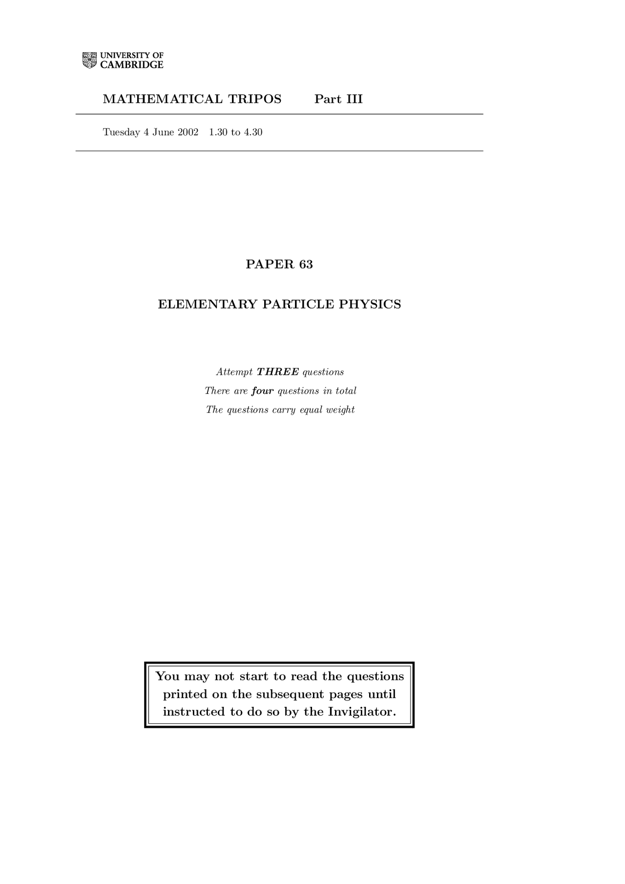 Elementary Particle Physics Math Tripos Past Exam Docsity