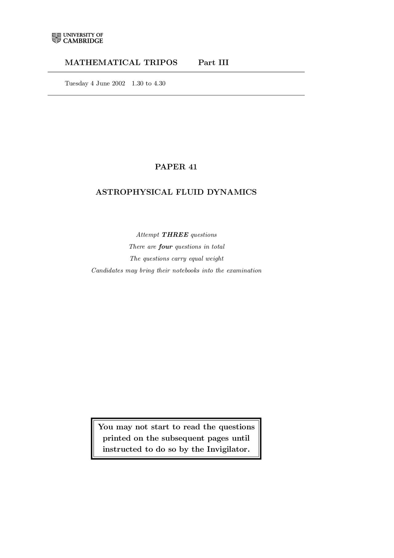 Astrophysical Fluid Dynamics Math Tripos Past Exam Docsity