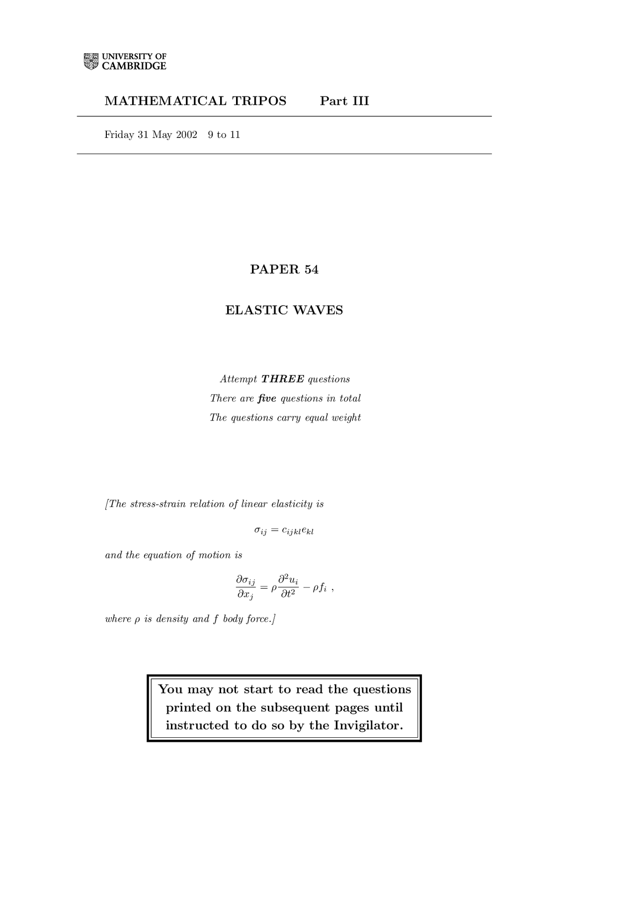 Elastic Waves Math Tripos Past Exam Docsity