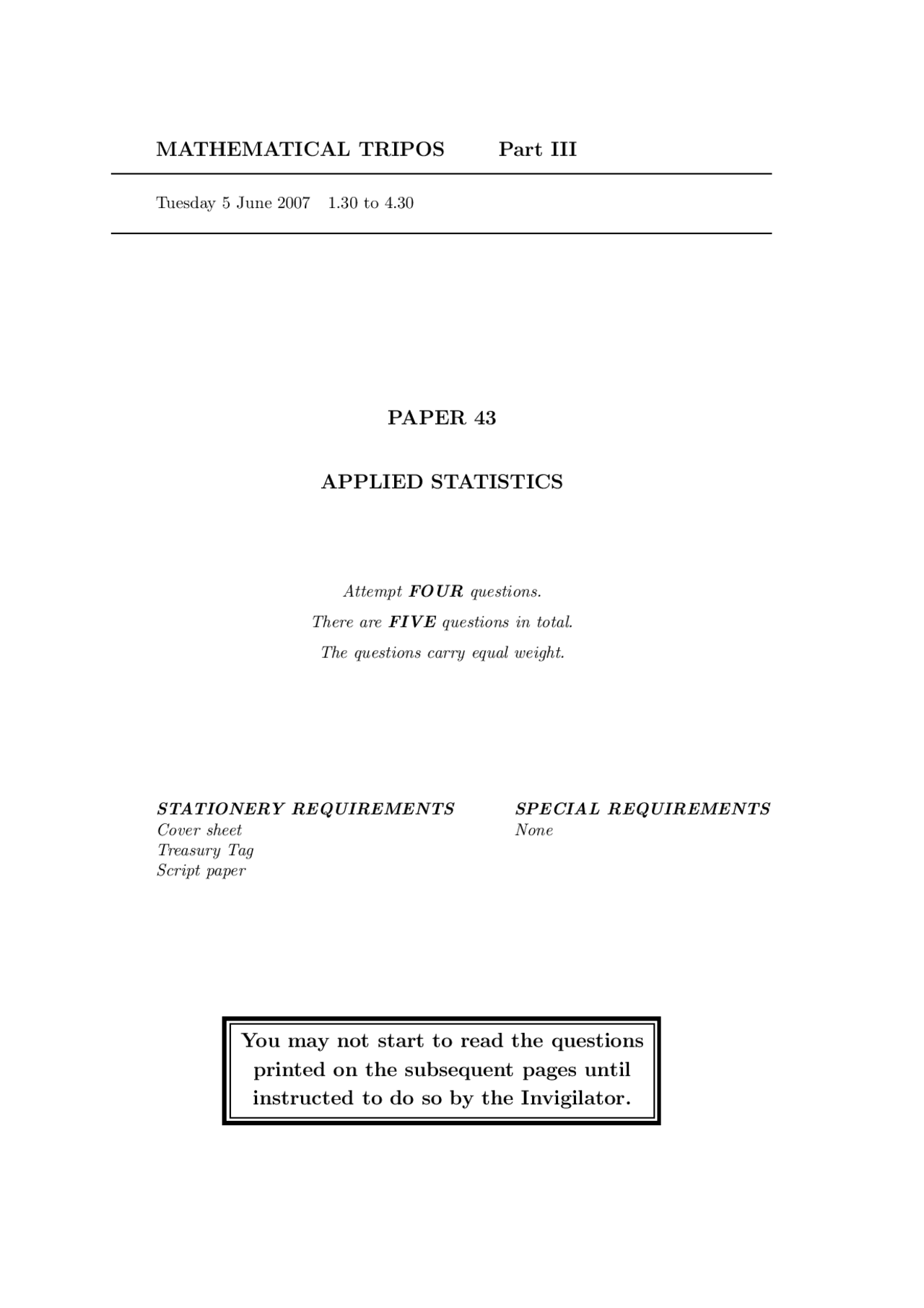 Applied Statistics Mathematical Tripos Past Exam Paper Docsity