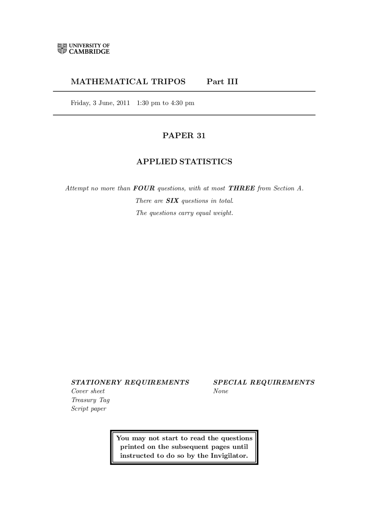 Applied Statistics - Mathematical Tripos - Past Examination Paper - Docsity
