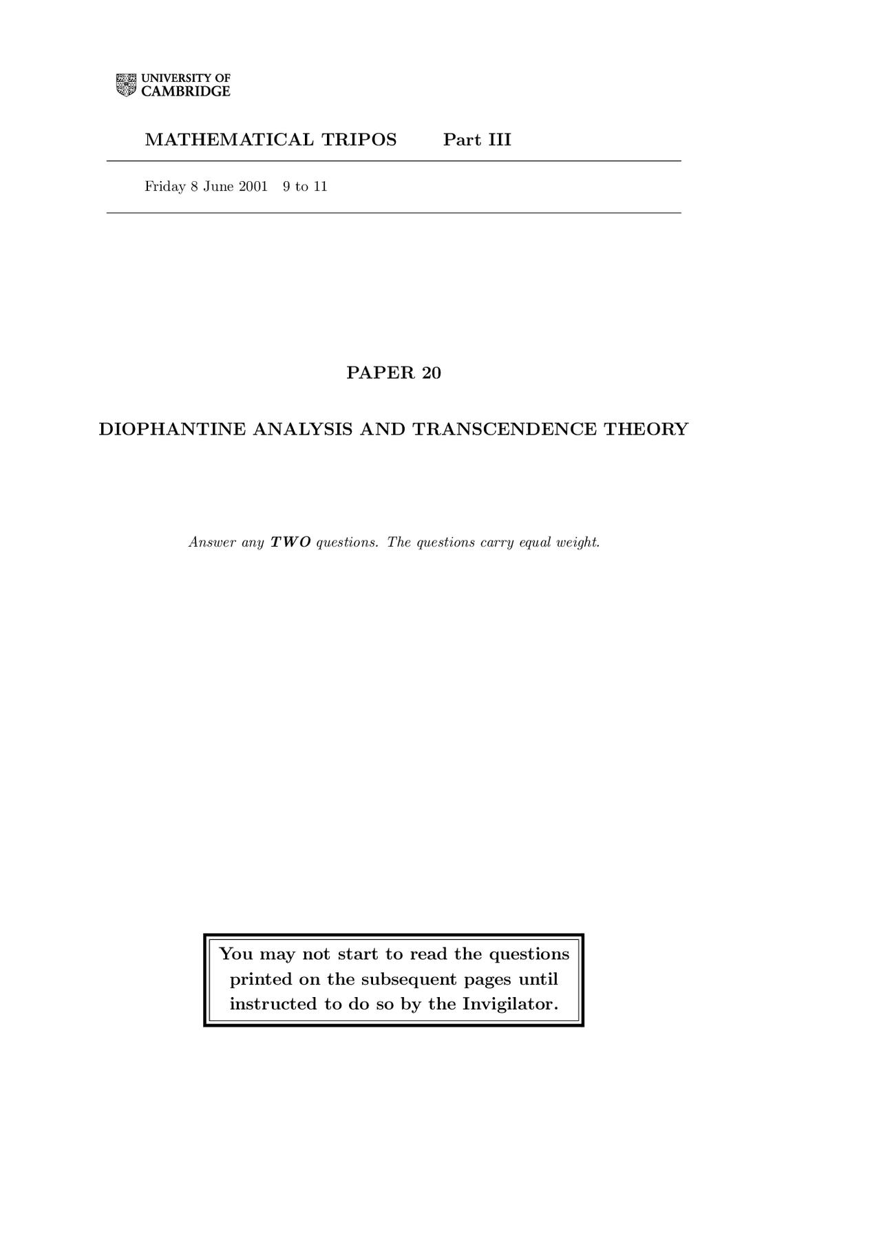 Diophantine Analysis And Transcendence Theory Math Tripos Exam