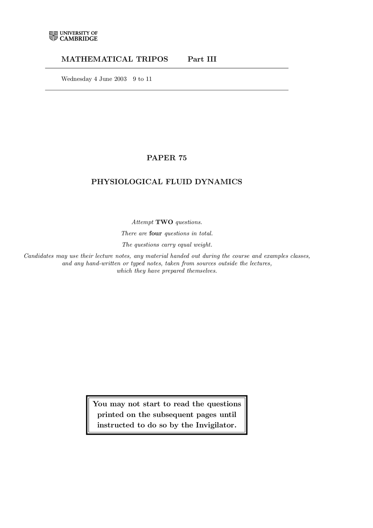 Physiological Fluid Dynamics Math Tripos Past Exam Paper Docsity