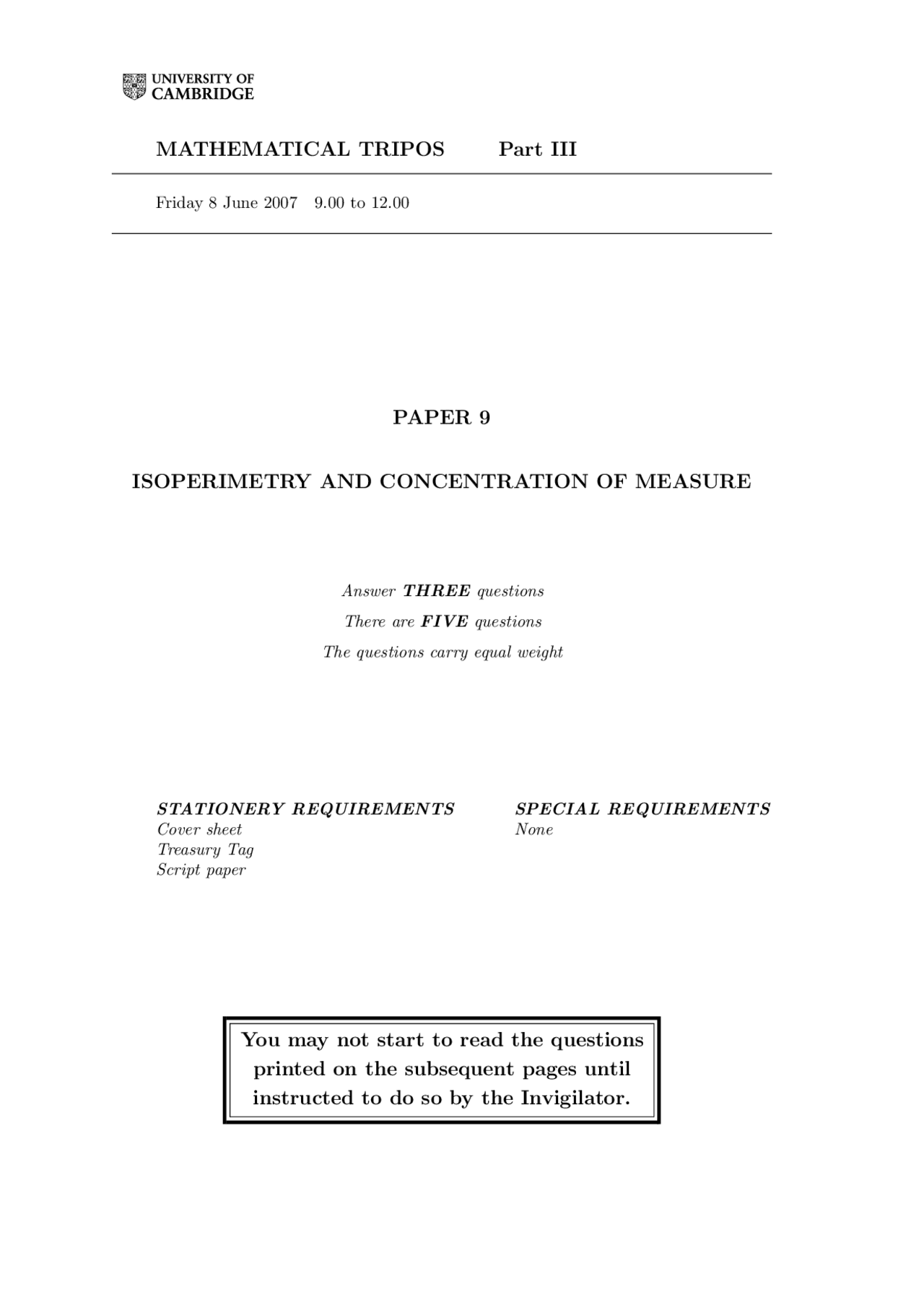 Isoperimetry and concentration of measure - Mathematical Tripos - Past ...