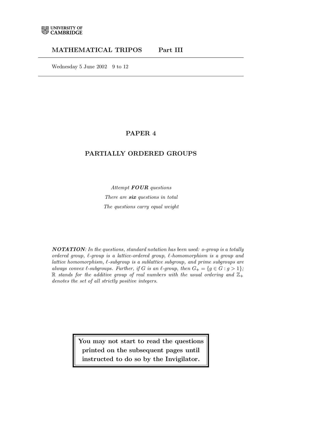 Partially Ordered Groups Math Tripos Past Exam Docsity