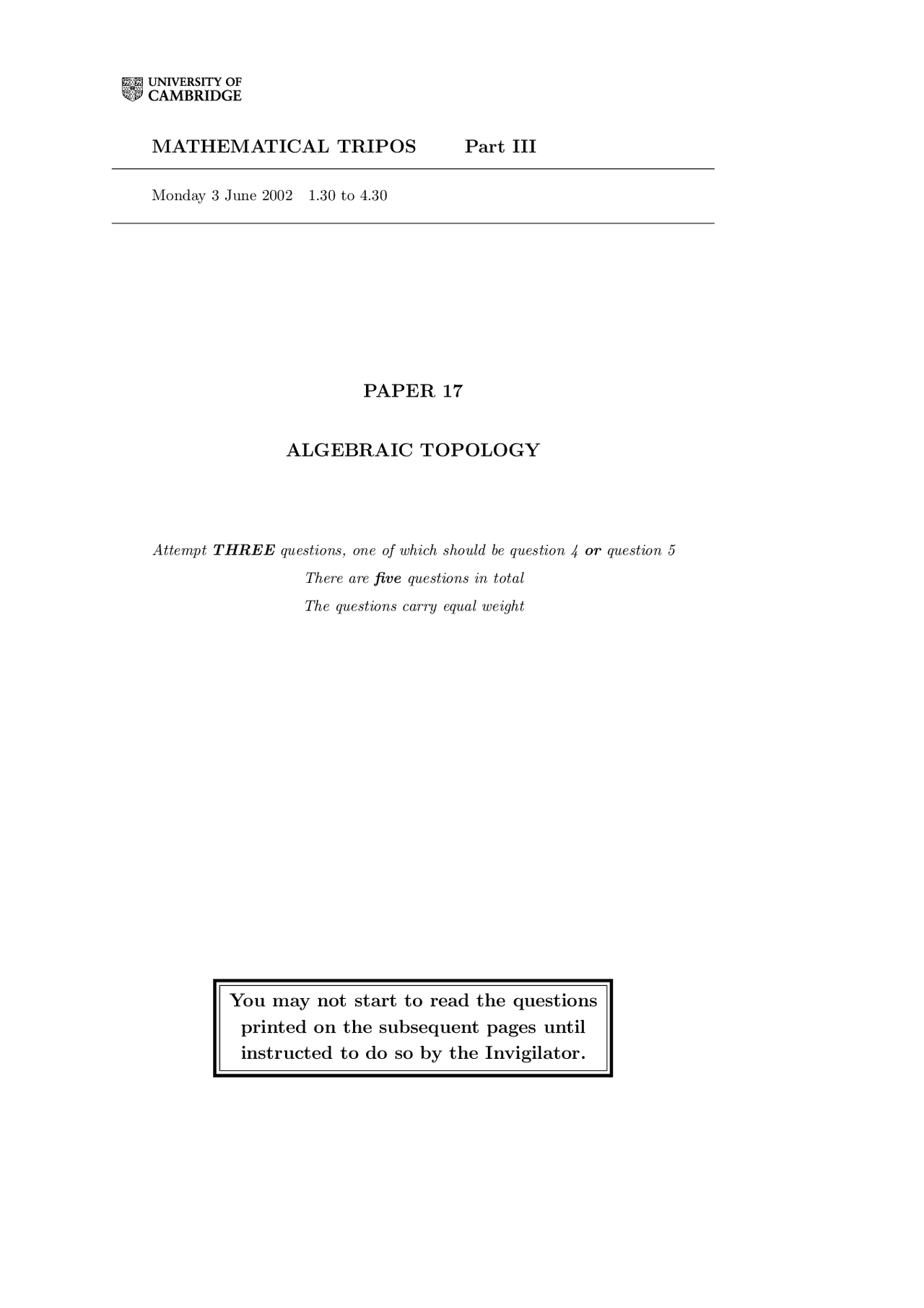 Mathematical Tripos Part III Paper 17: Algebraic Topology | Exams Mathematics | Docsity