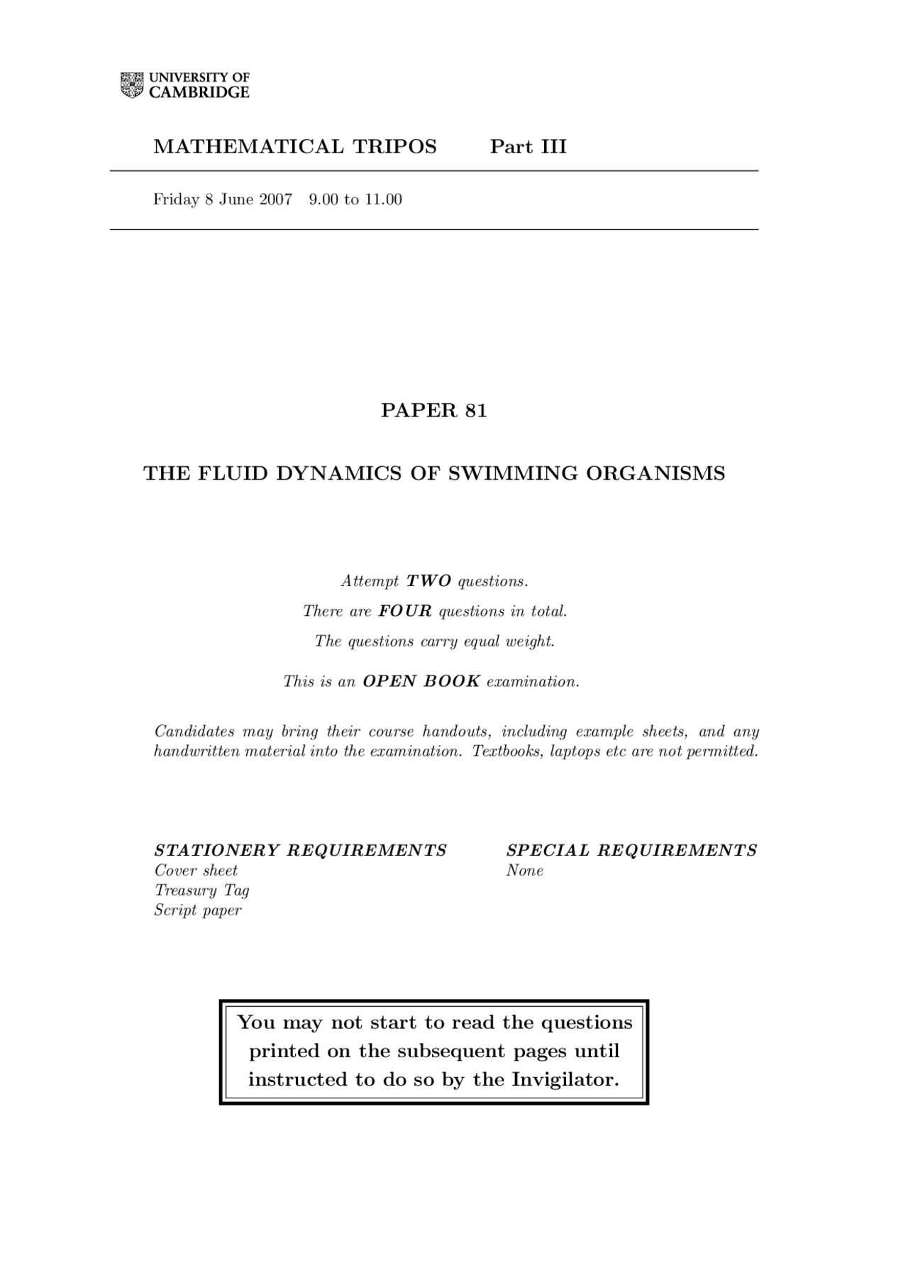The Fluid Dynamics Of Swimming Organisms Mathematical Tripos Past