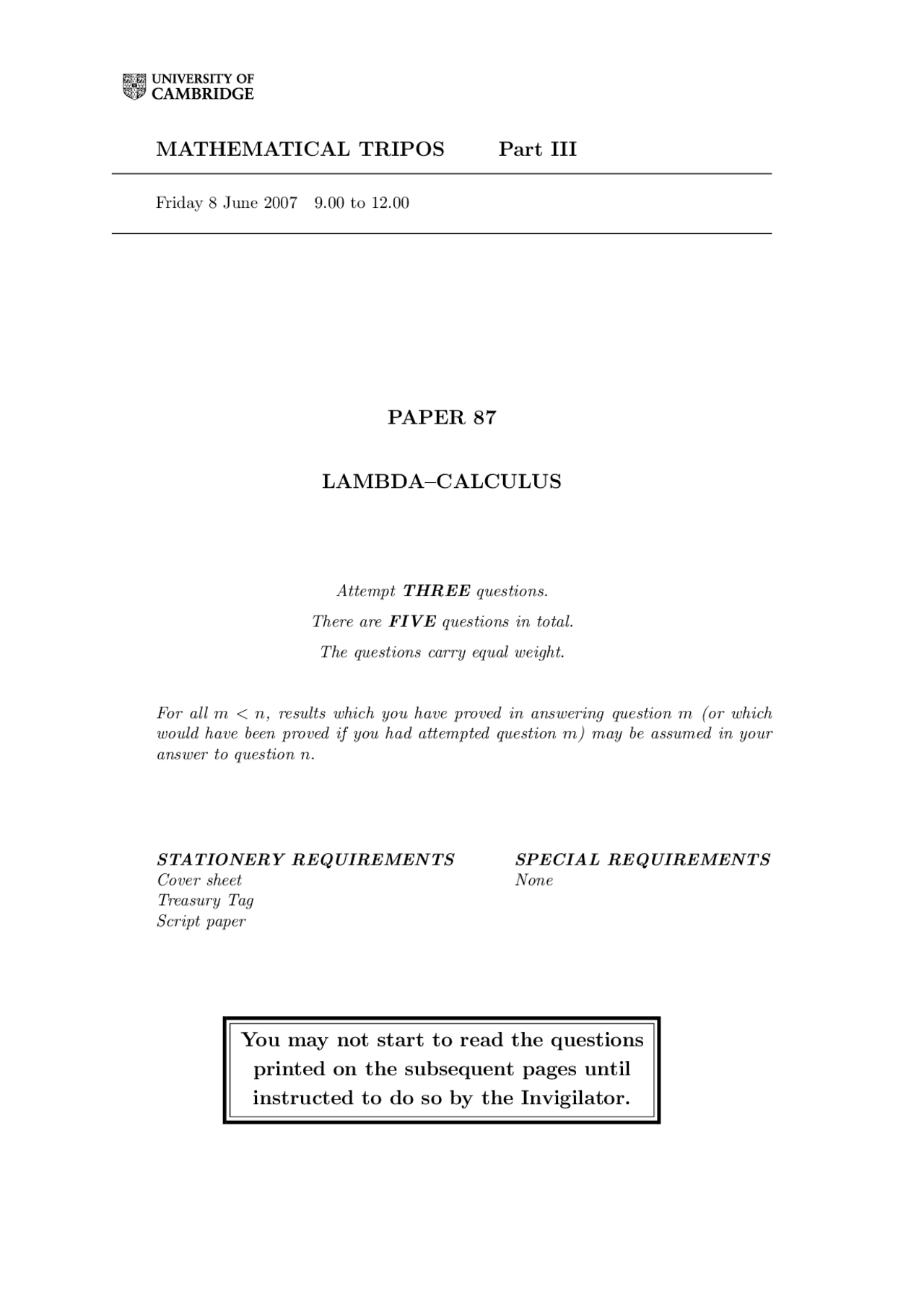 Lambda Calculus Mathematical Tripos Past Exam Paper Docsity