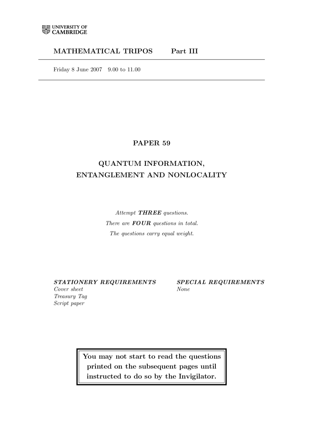 Quantum Information Entanglement And Nonlocality Mathematical Tripos