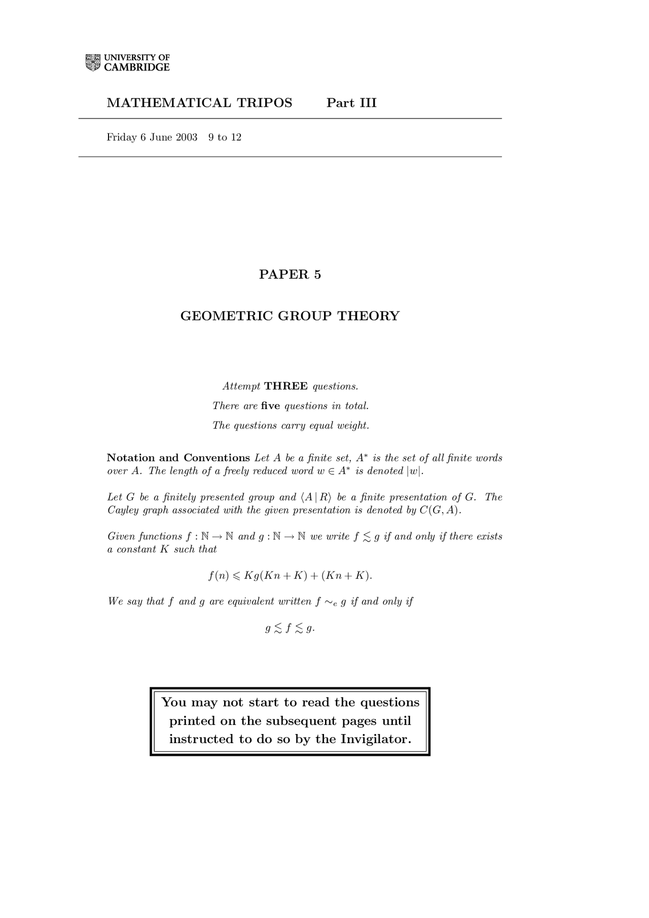 Geometric Group Theory - Math Tripos - Past Exam Paper - Docsity