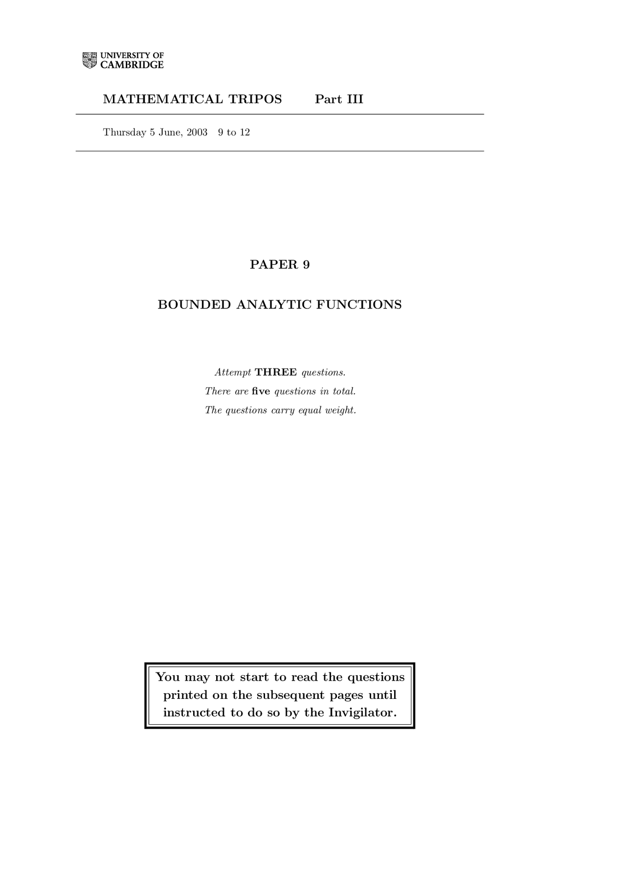 Bounded Analytic Functions - Math Tripos - Past Exam Paper - Docsity