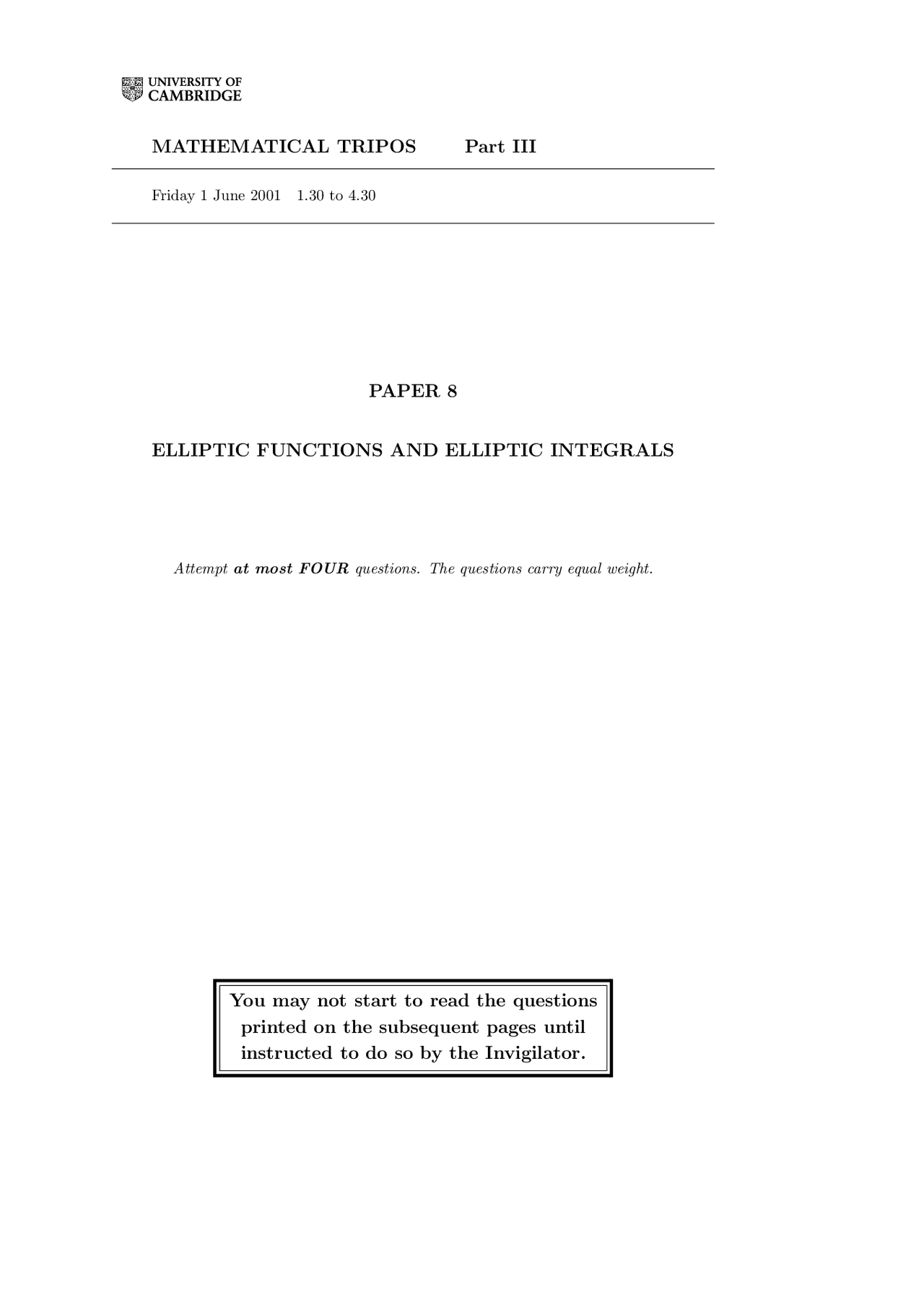 Elliptic Functions And Elliptic Integrals Math Tripos Exam Exams