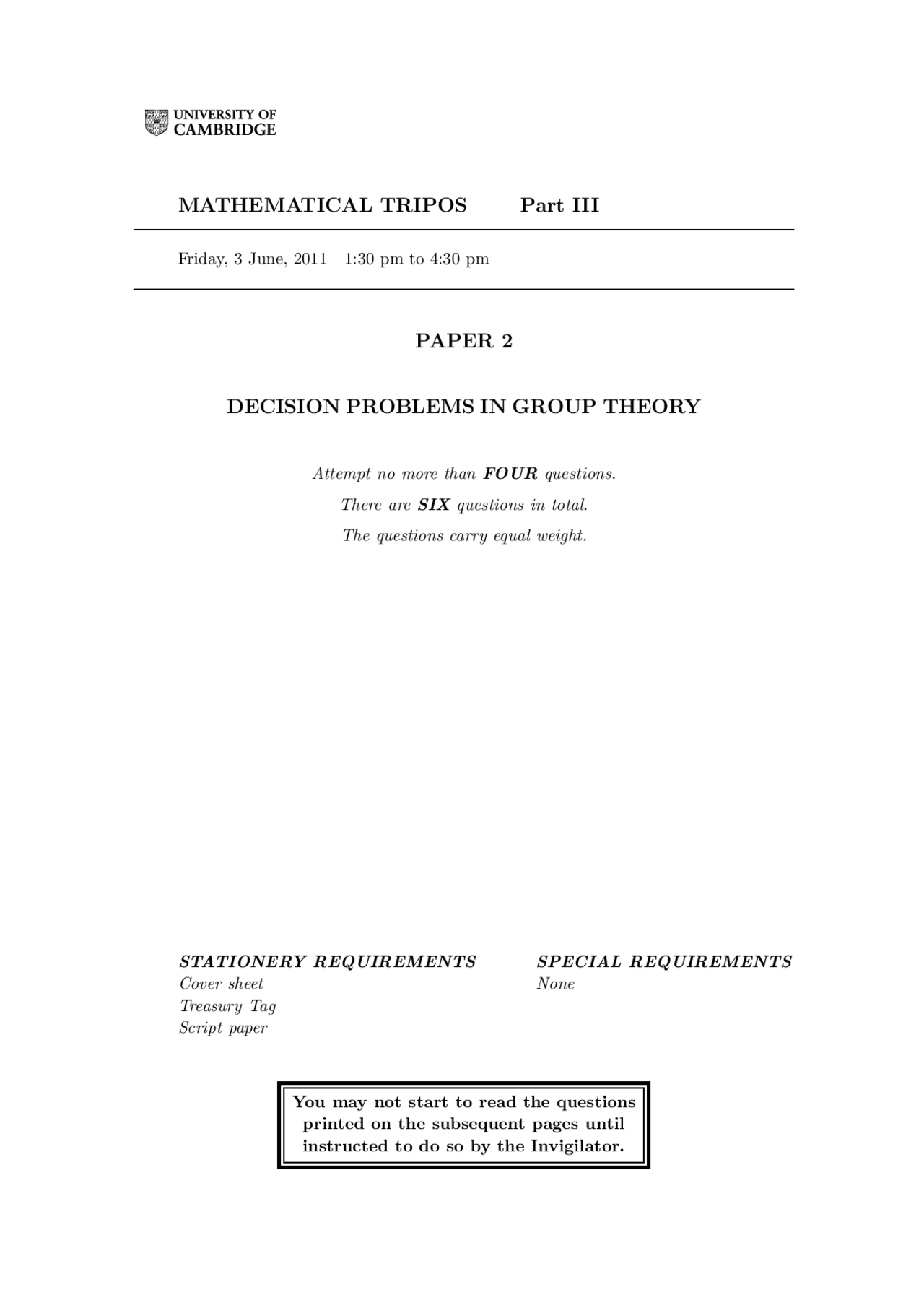 Mathematical Tripos Part III Paper 2: Decision Problems in Group Theory ...