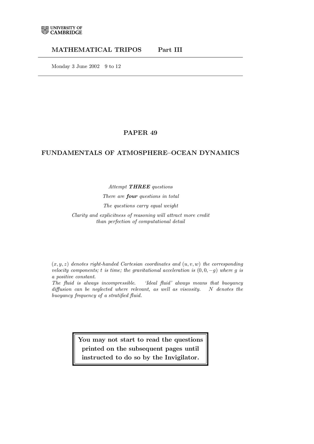 Fundamentals Of Atmosphere Ocean Dynamics Math Tripos Past Exam