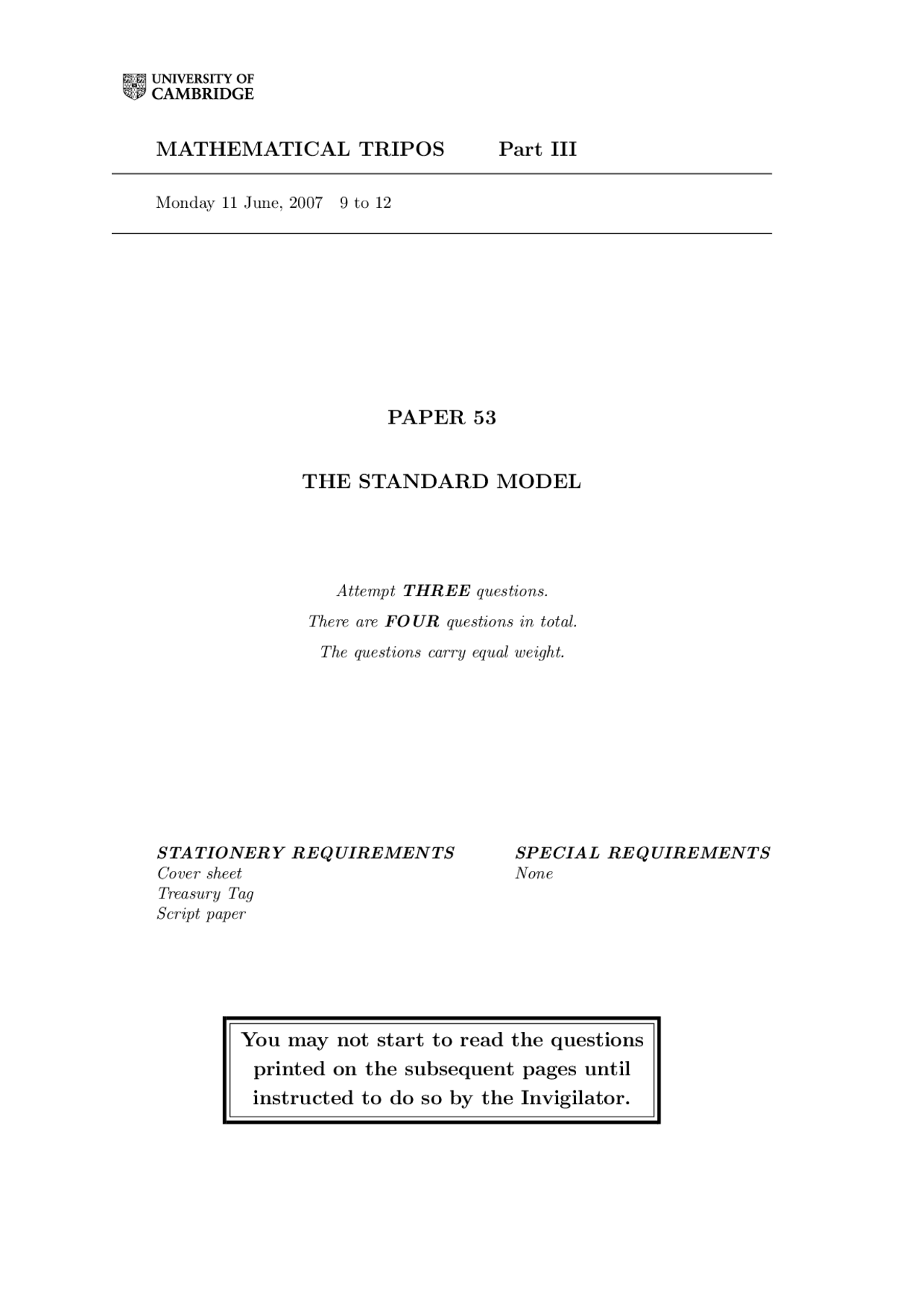 Standard Model Mathematical Tripos Past Exam Paper Docsity