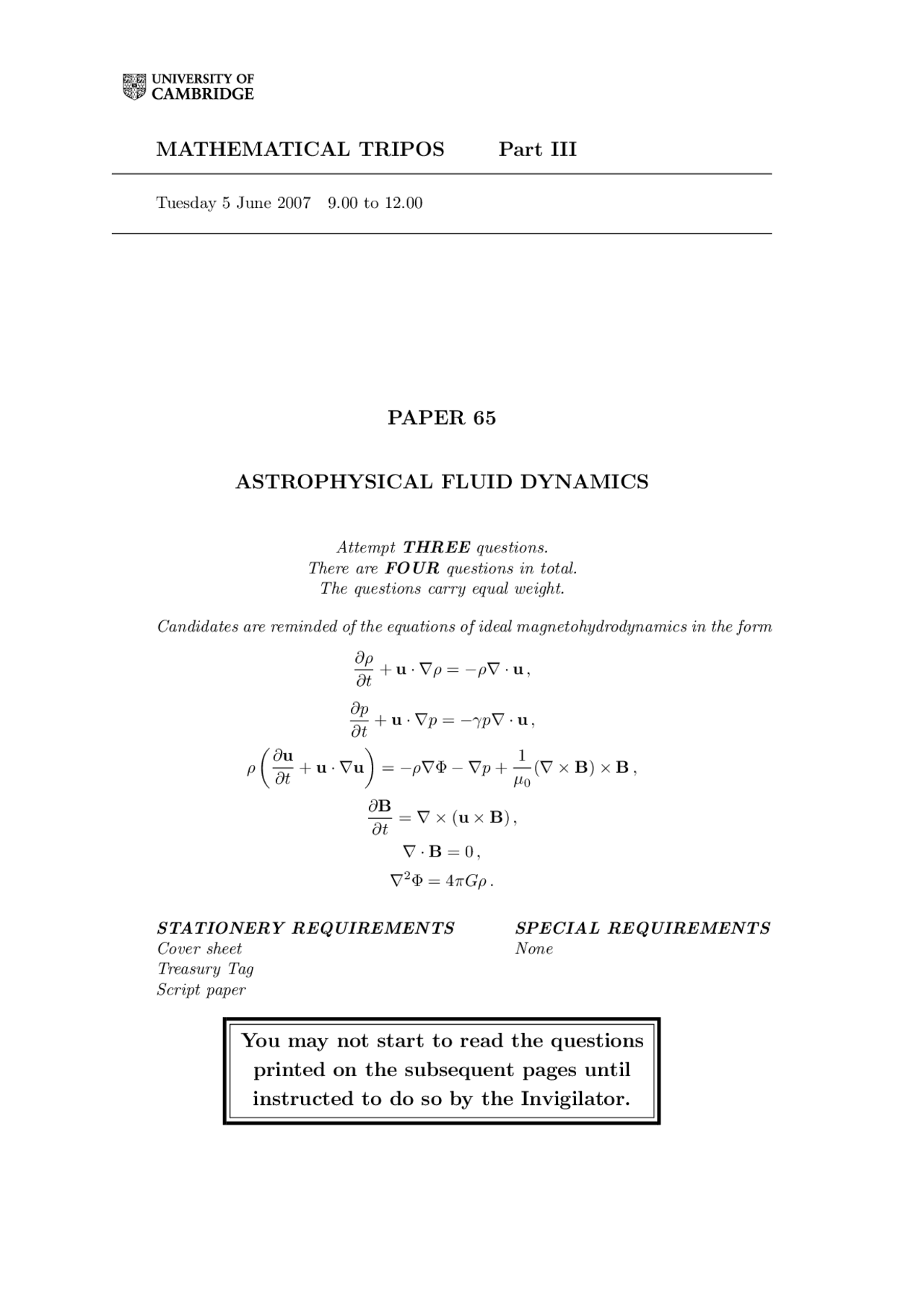 Astrophysical Fluid Dynamics - Mathematical Tripos - Past Exam Paper ...
