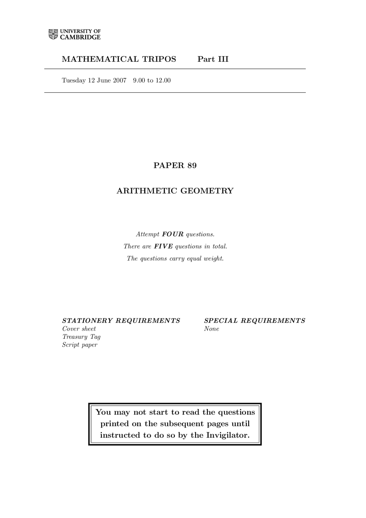 Arithmetic Geometry Mathematical Tripos Past Exam Paper Docsity