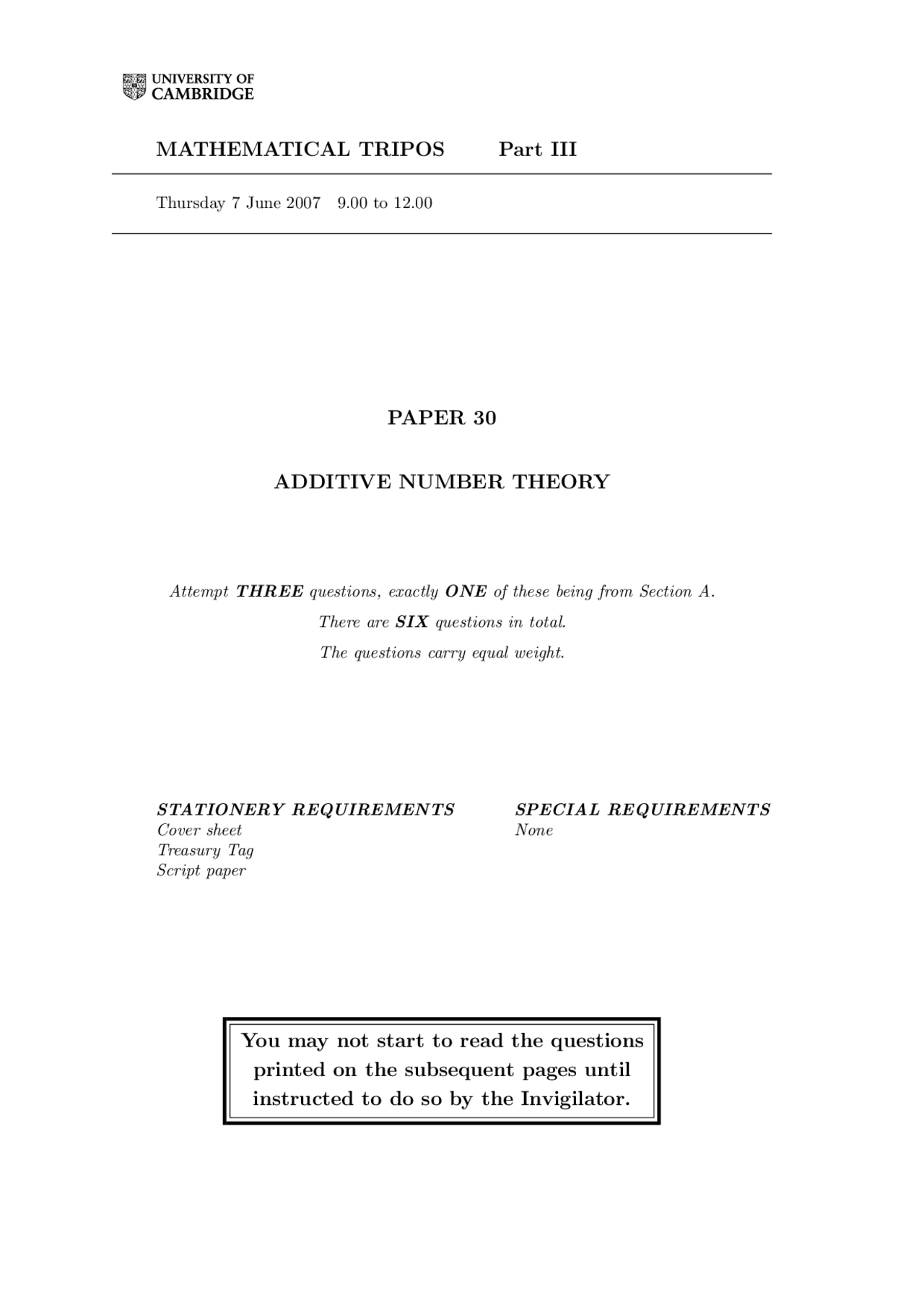 Additive Number Theory Mathematical Tripos Past Exam Paper Docsity