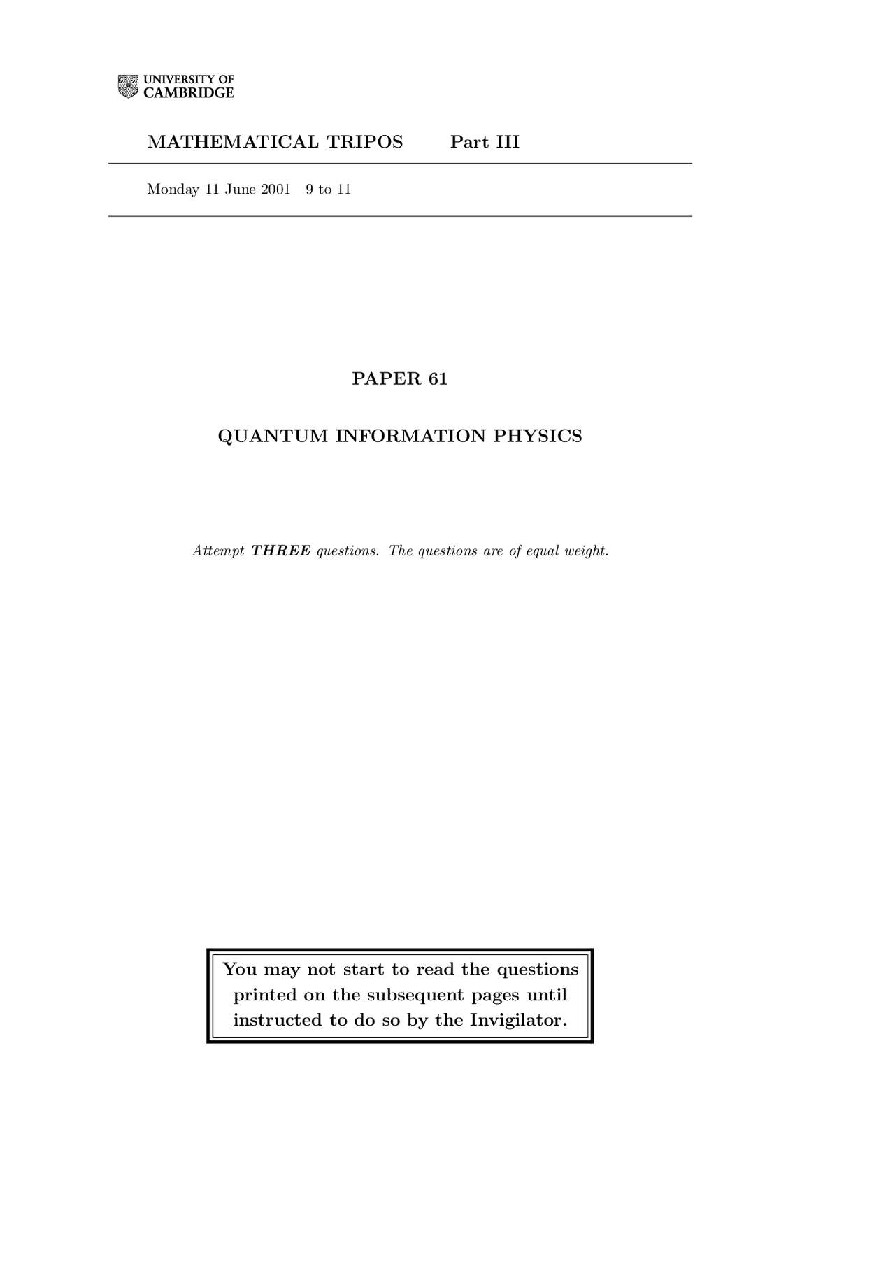 Quantum Information Physics Math Tripos Exam Docsity