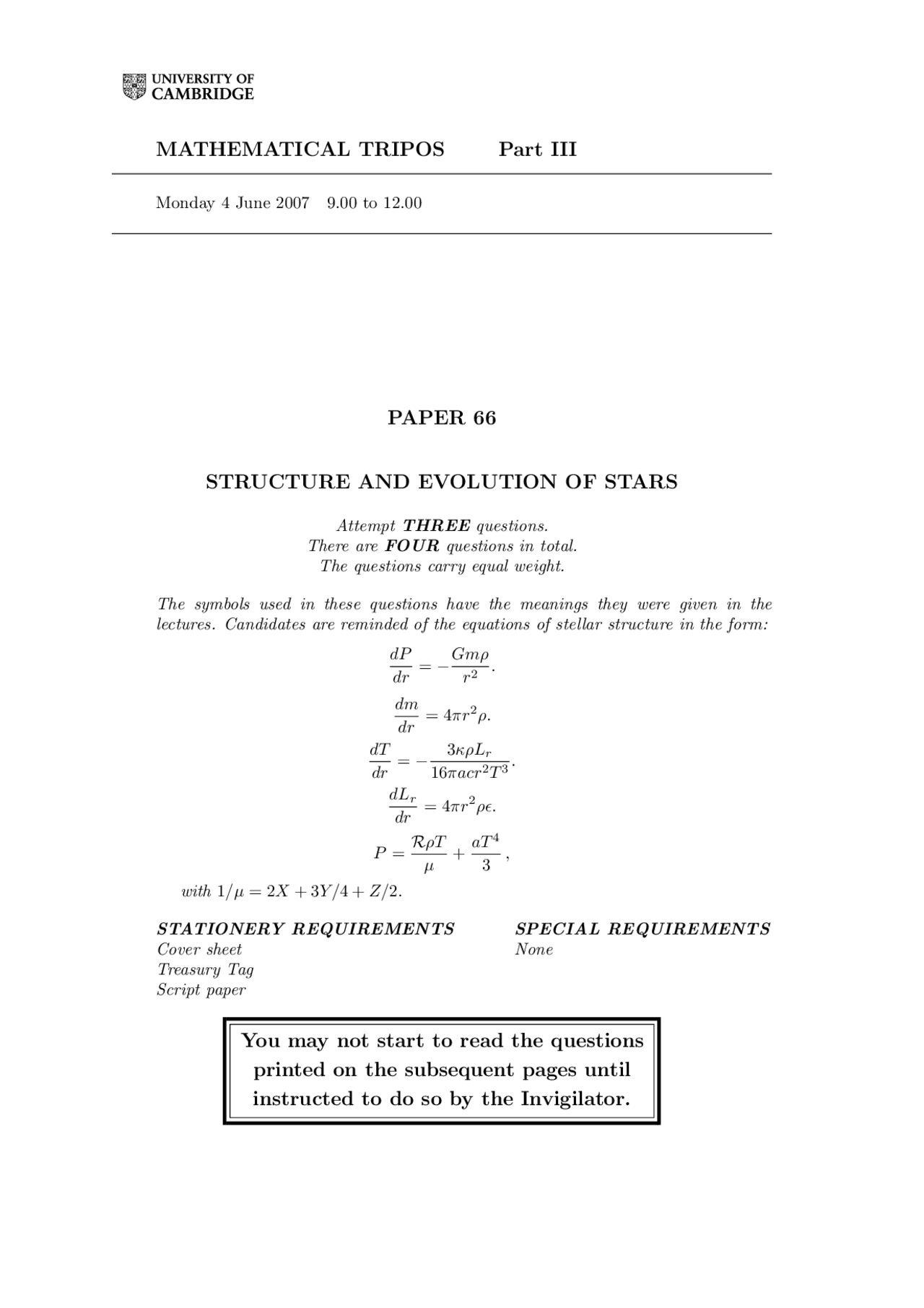 Structure And Evolution Of Stars Mathematical Tripos Past Exam