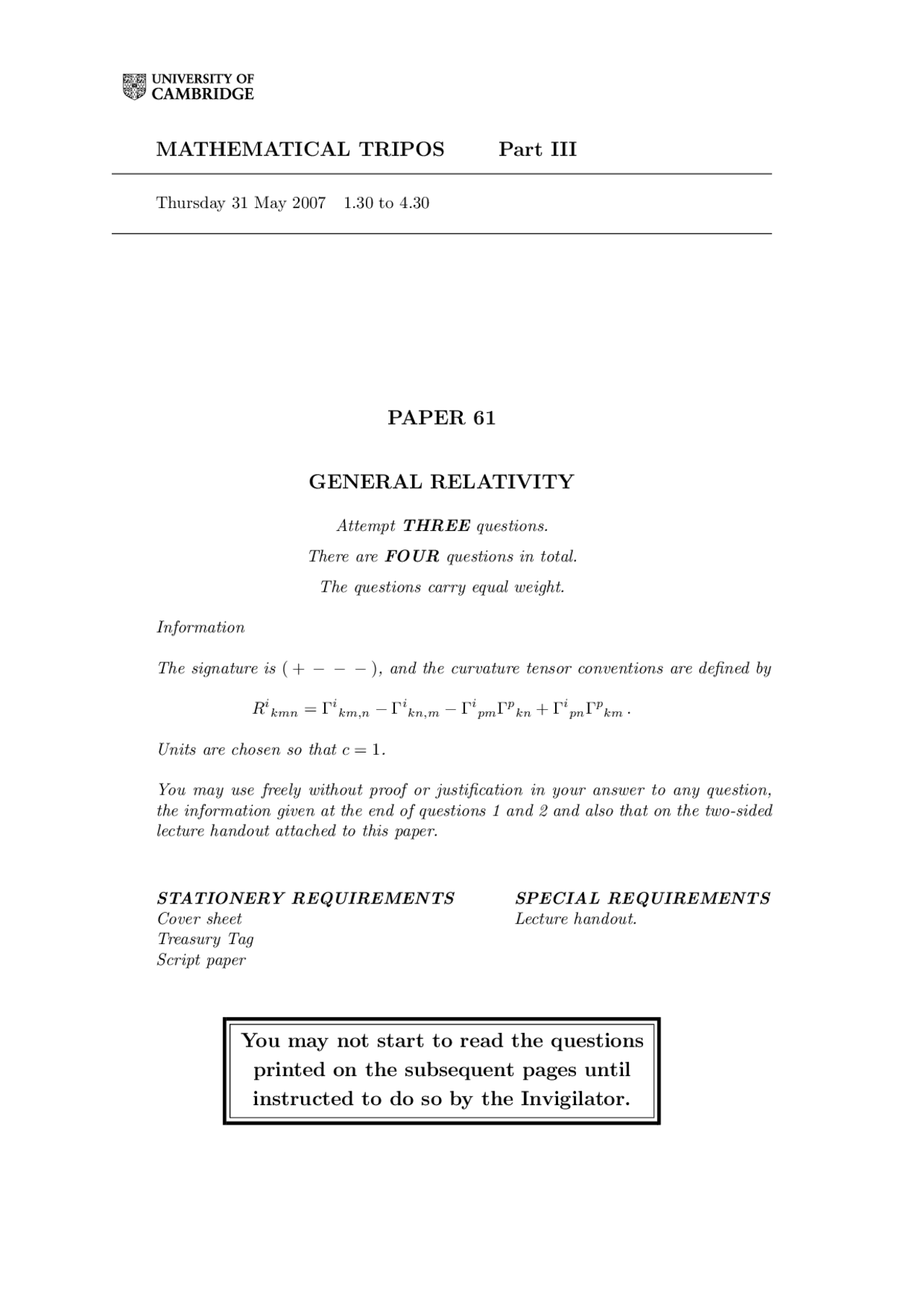 General Relativity - Mathematical Tripos - Past Exam Paper - Docsity