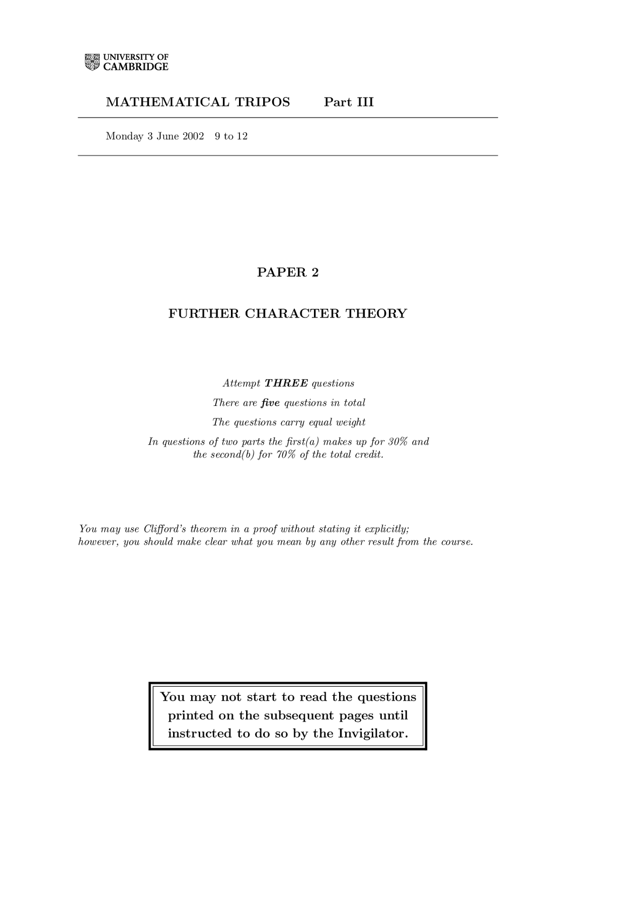 Further Character Theory Math Tripos Past Exam Docsity
