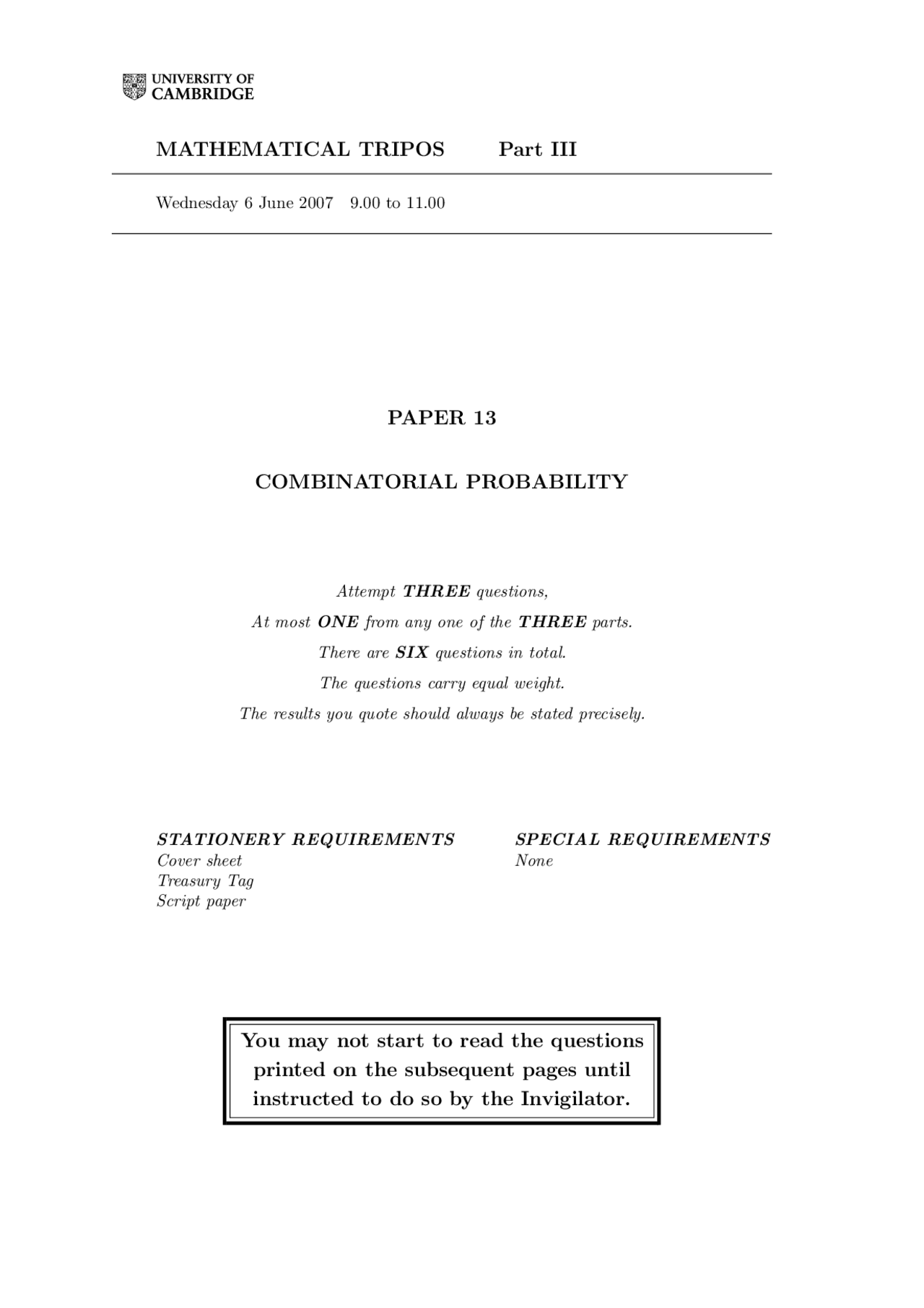 Combinatorial Probability - Mathematical Tripos - Past Exam Paper - Docsity