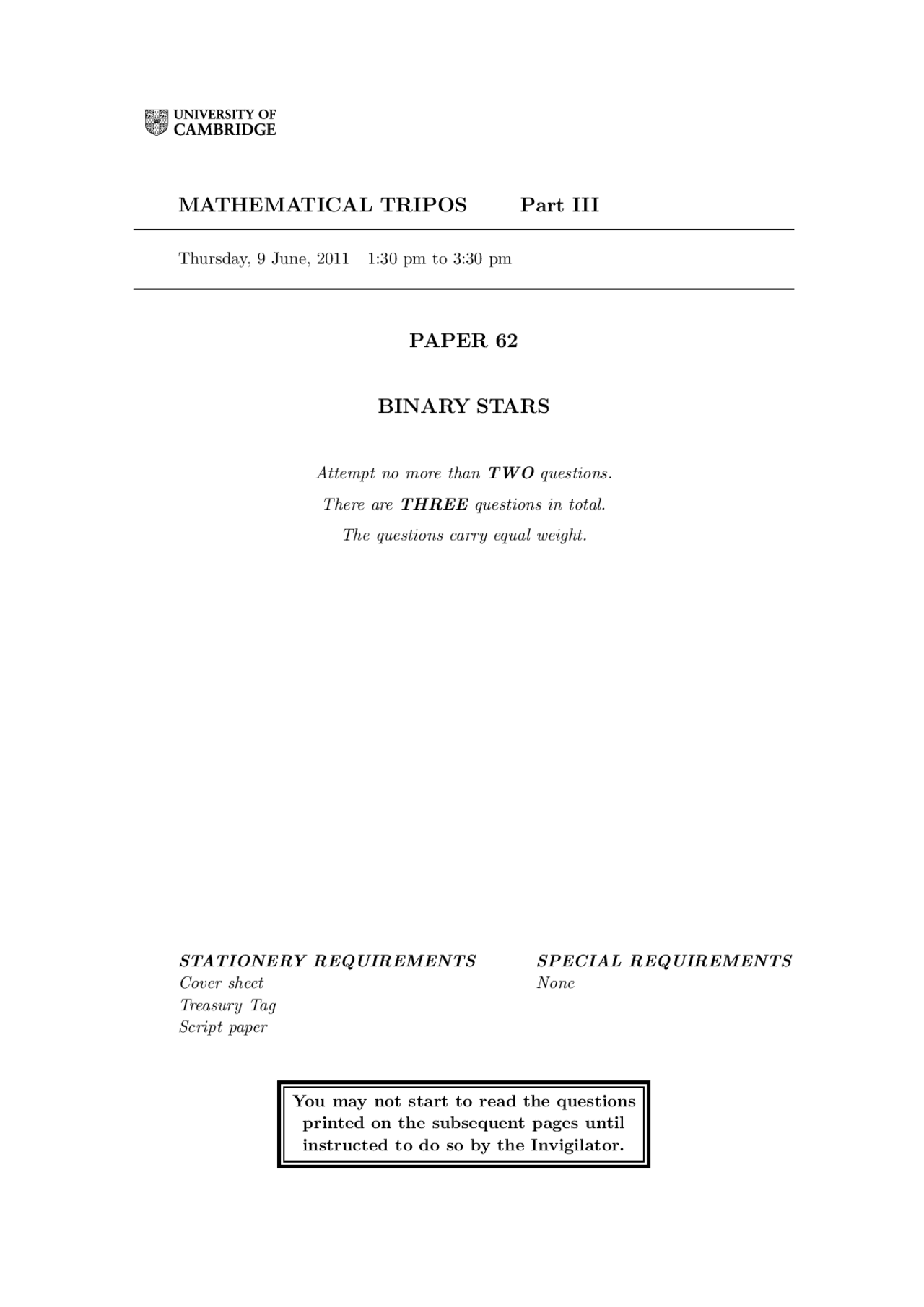 Binary Stars - Mathematical Tripos - Past Examination Paper - Docsity