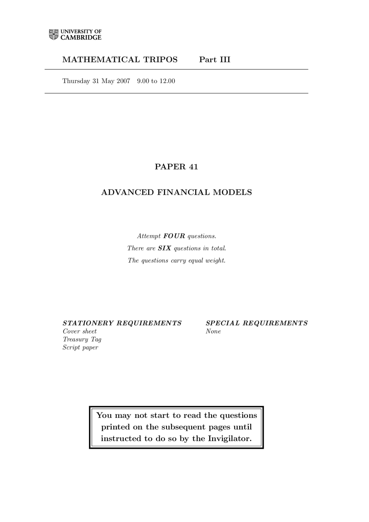 Advanced Financial Models Mathematical Tripos Past Exam Paper Docsity