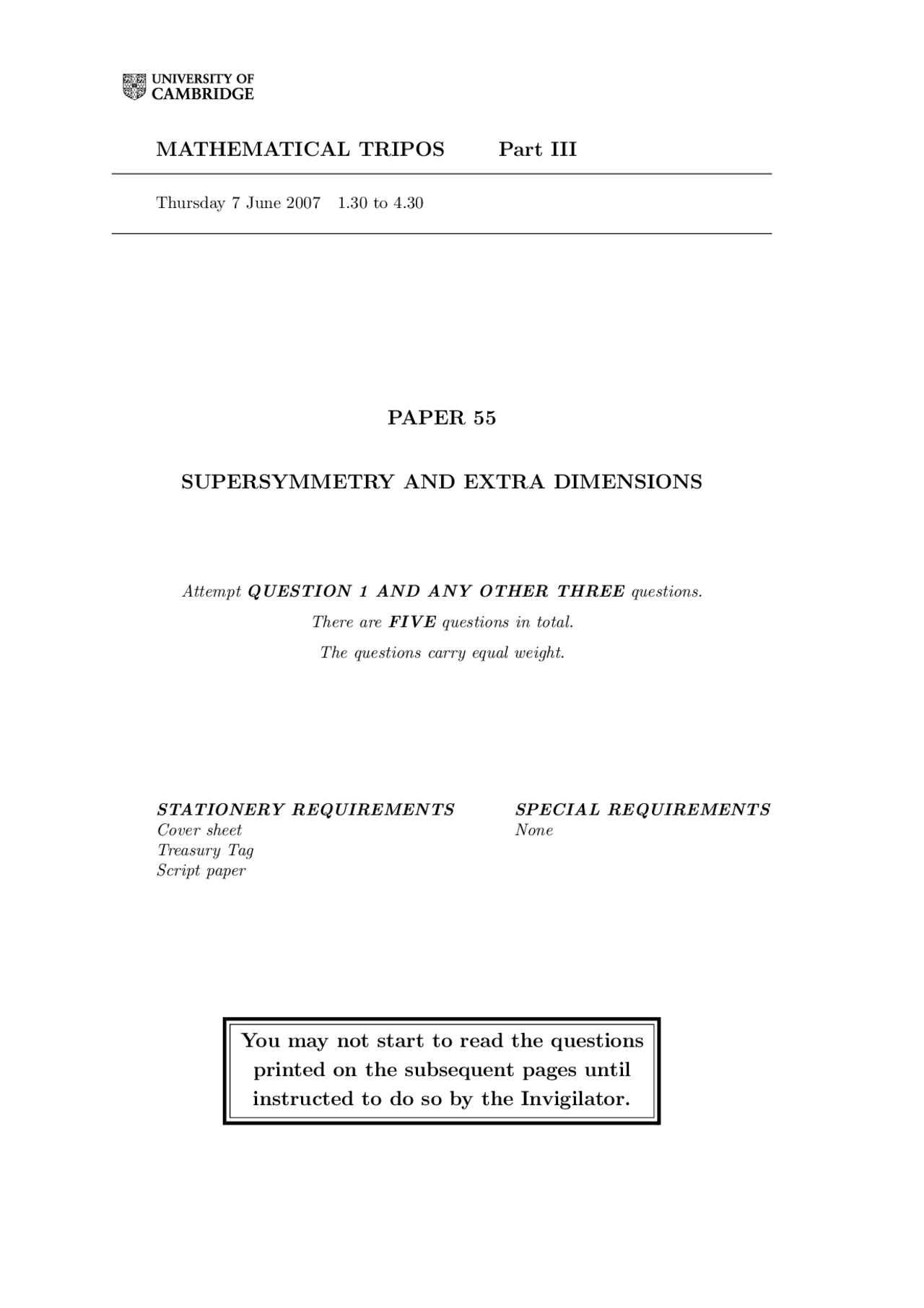 Supersymmetry And Extra Dimensions Mathematical Tripos Past Exam