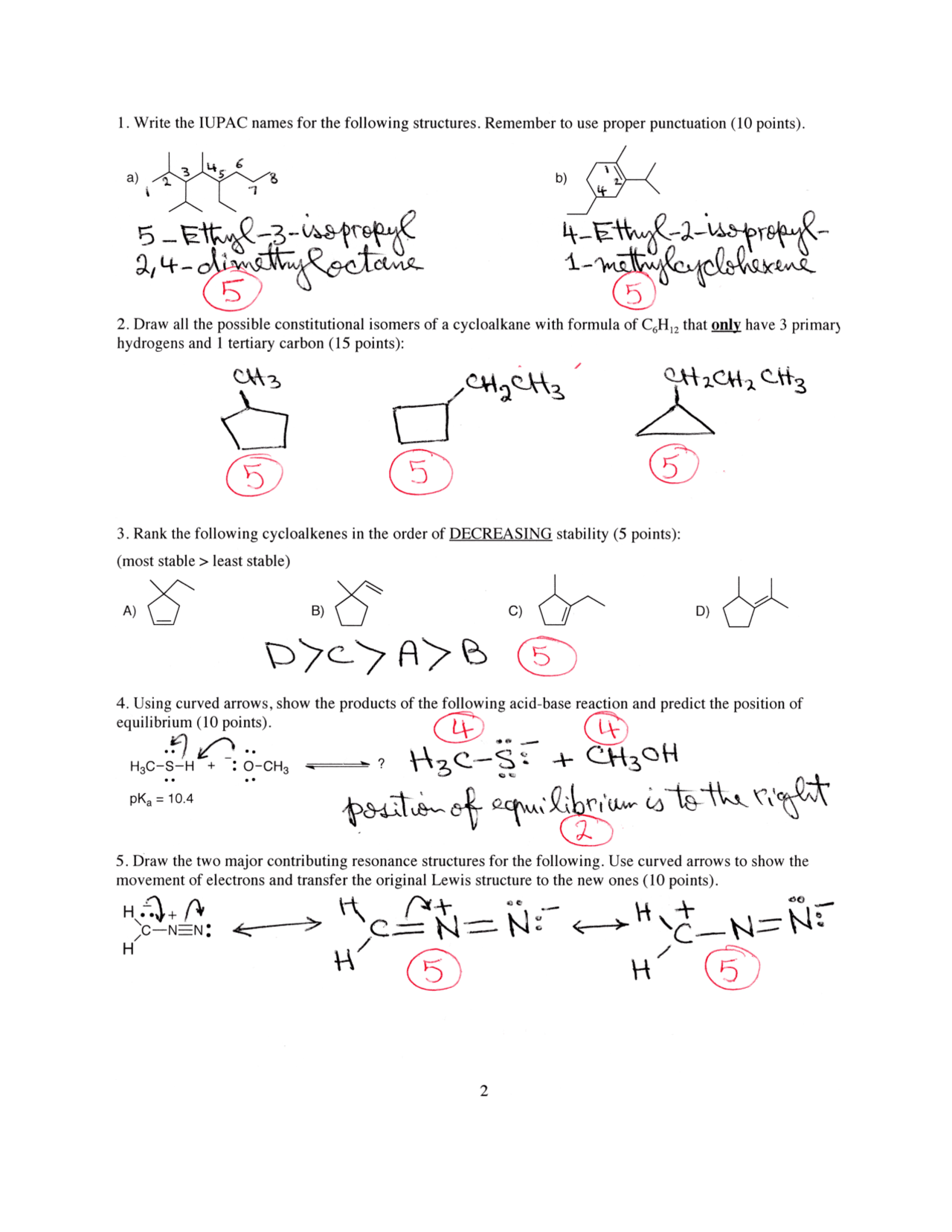 Exam 1 with Answers | Organic Chemistry I | CHEM 231 - Docsity