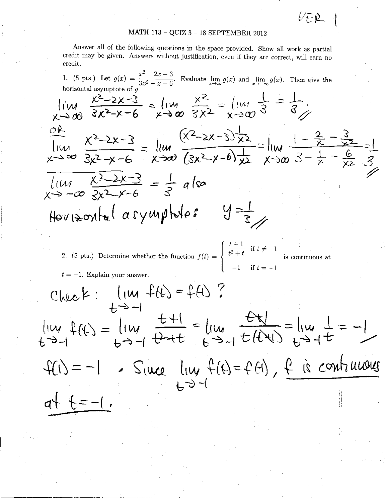 2 Solved Problems on Horizontal Asymptote - Quiz 3 | MATH 113 - Docsity