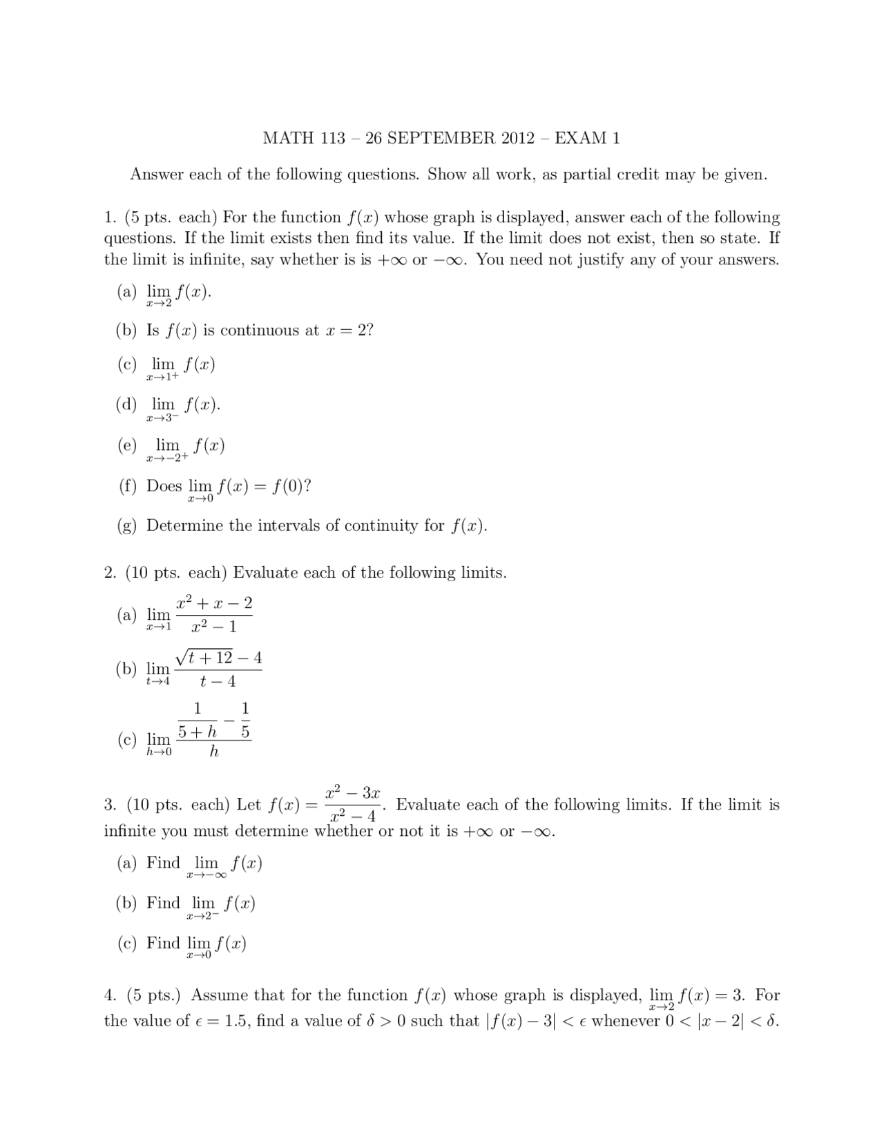 Analytic Geometry And Calculus I Exam 1 Fall 2012 Math 113 Docsity