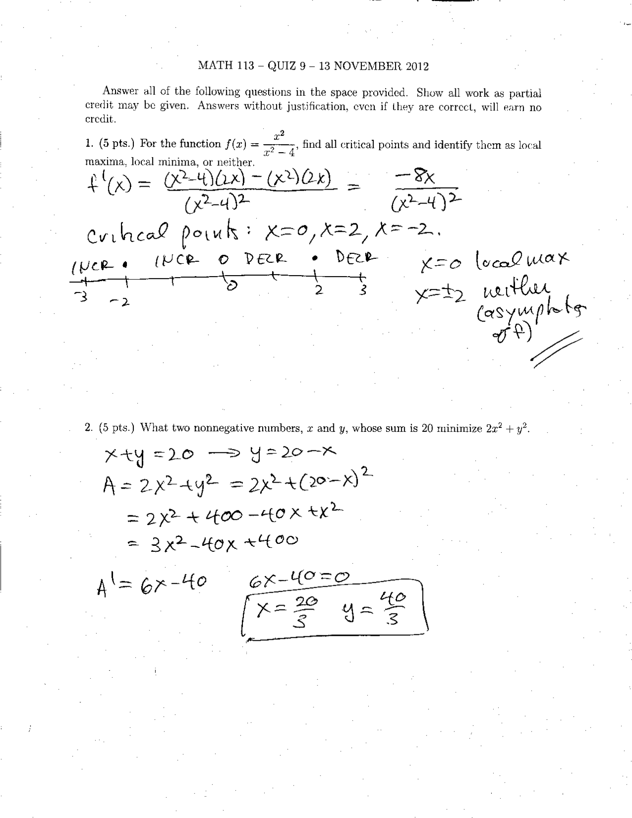 Solved Quiz 9 For Analytical Geometry And Calculus I Math 113 Docsity