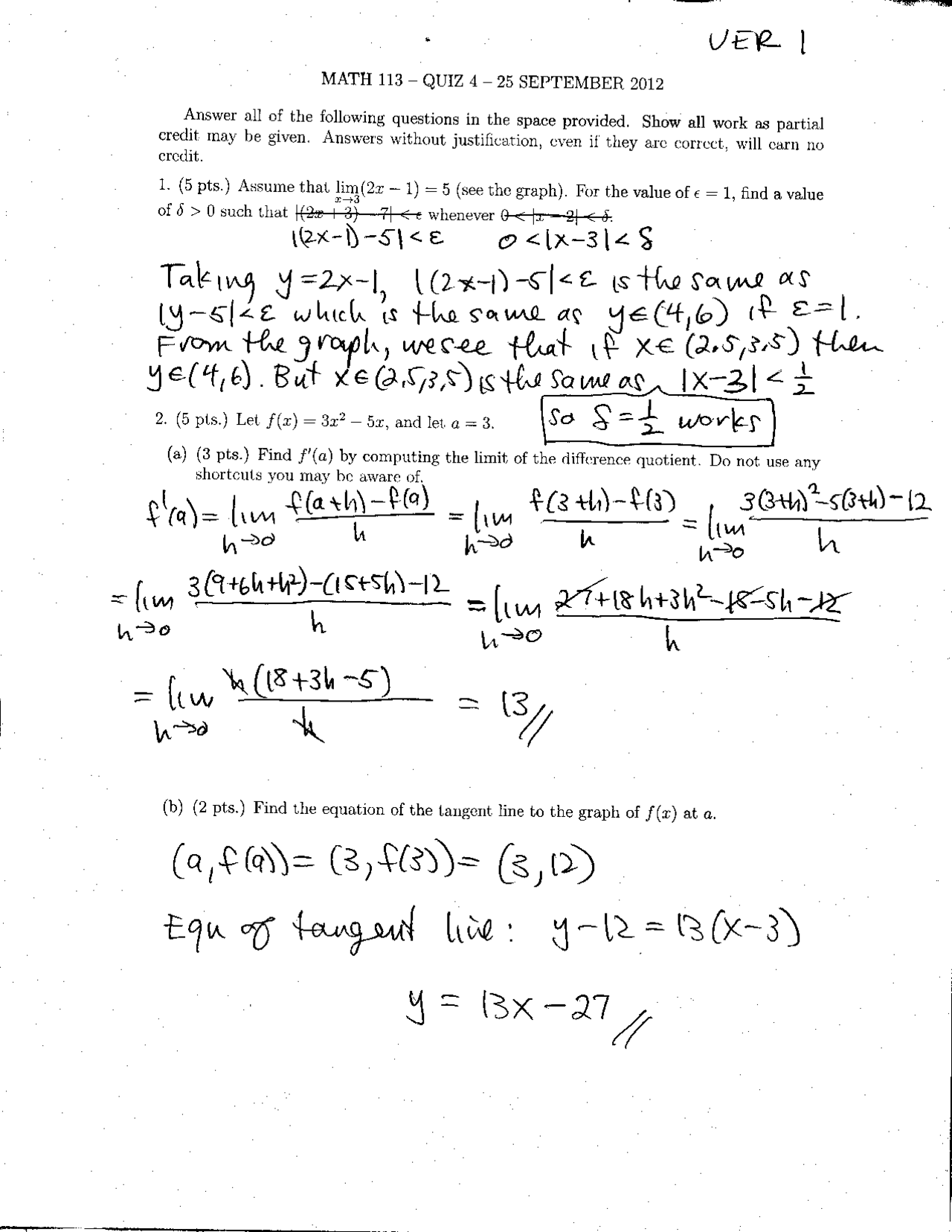 Analytic Geometry And Calculus I Quiz 4 With Answers Math 113 Docsity
